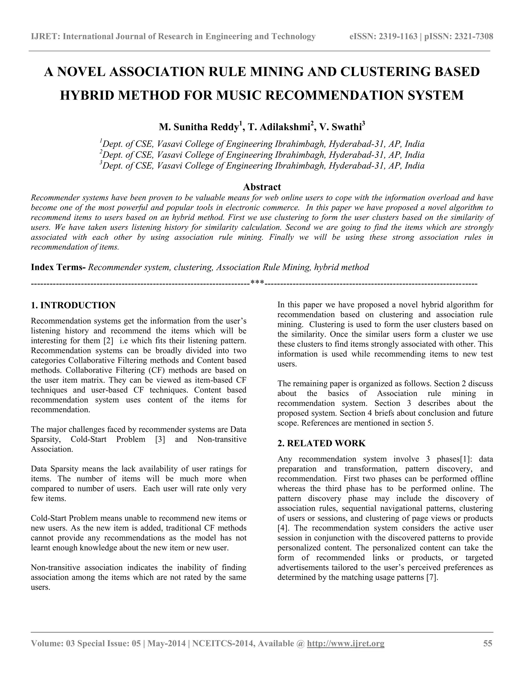 A Novel Association Rule Mining And Clustering Based Hybrid Method For Music Recommendation