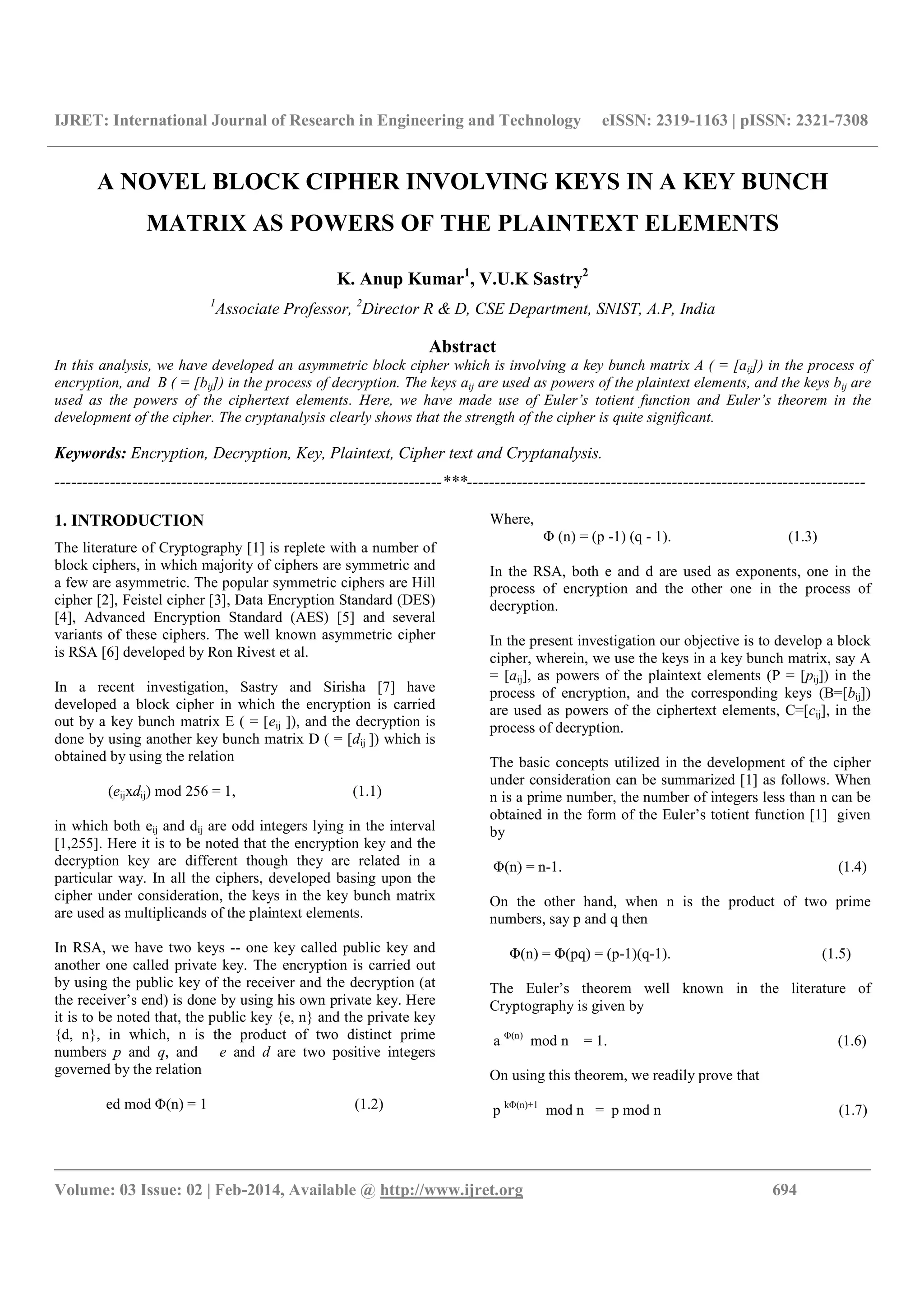 A novel block cipher involving keys in a key bunch | PDF | Web Development | Internet