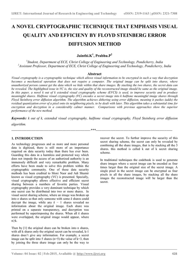 A novel cryptographic technique that emphasis visual quality and efficieny by floyd steinberg ...