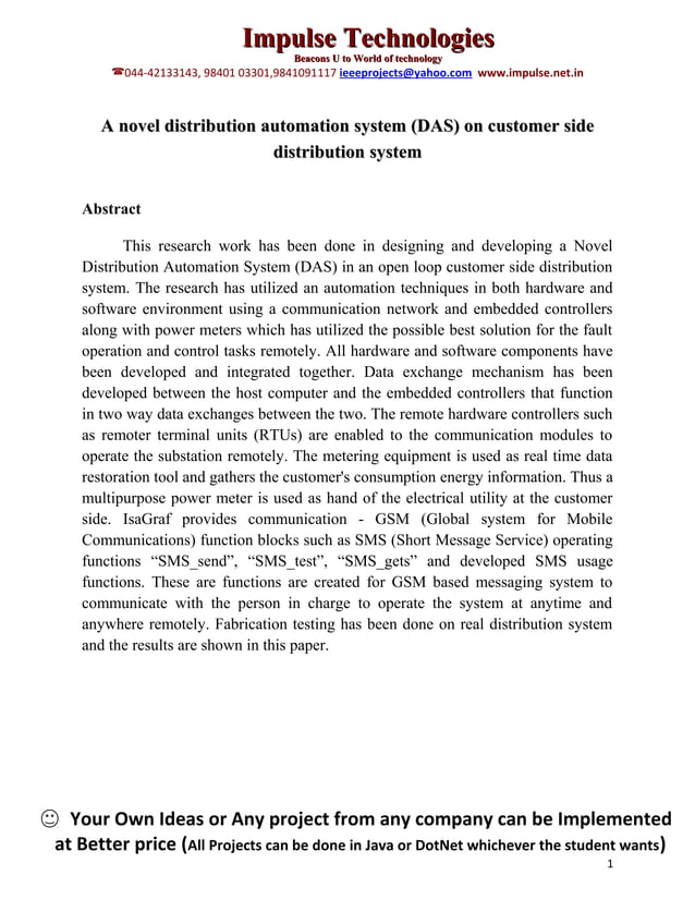 A novel distribution automation system (das) on customer side distribution system | PDF