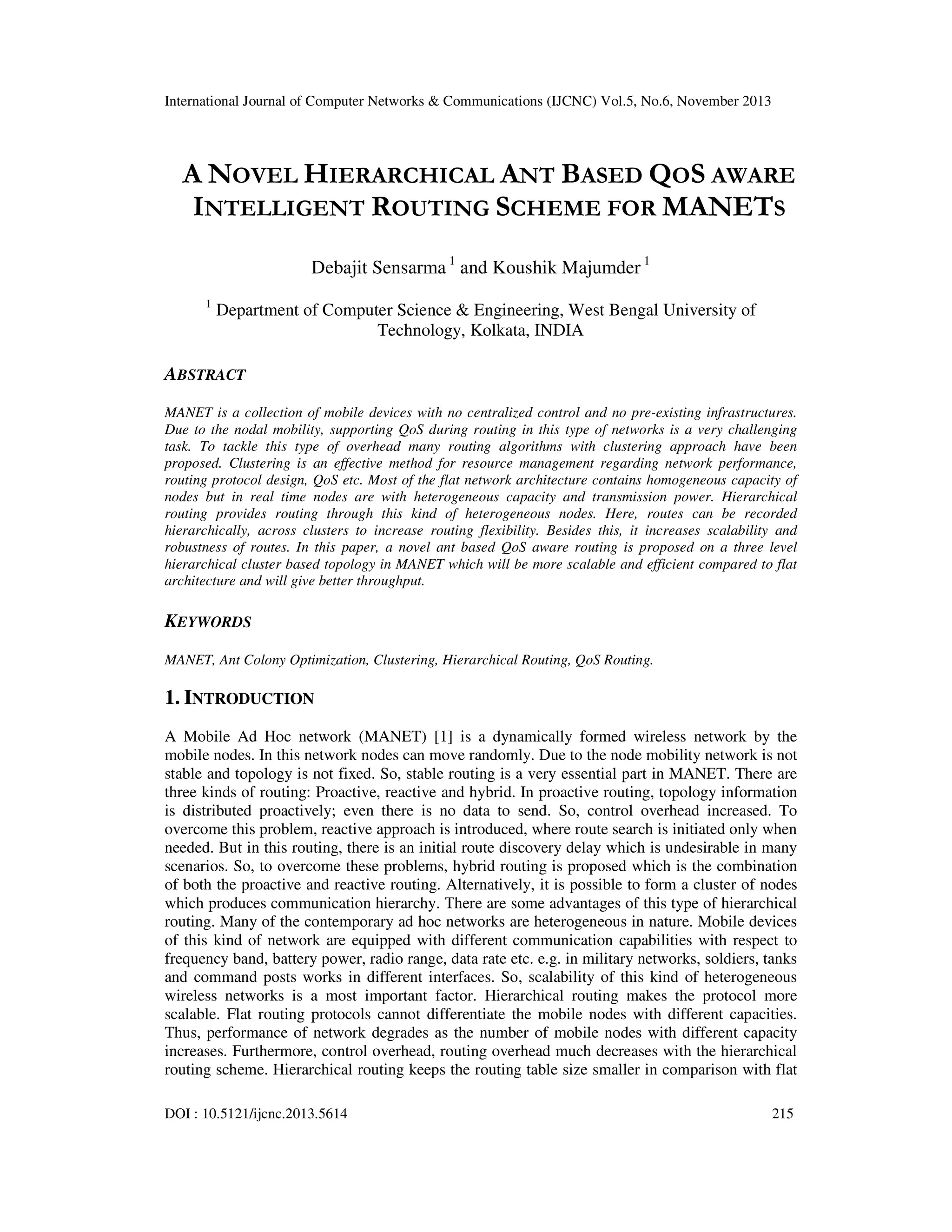 A Novel Hierarchical Ant Based Qos Aware Intelligent Routing Scheme For Manets Pdf
