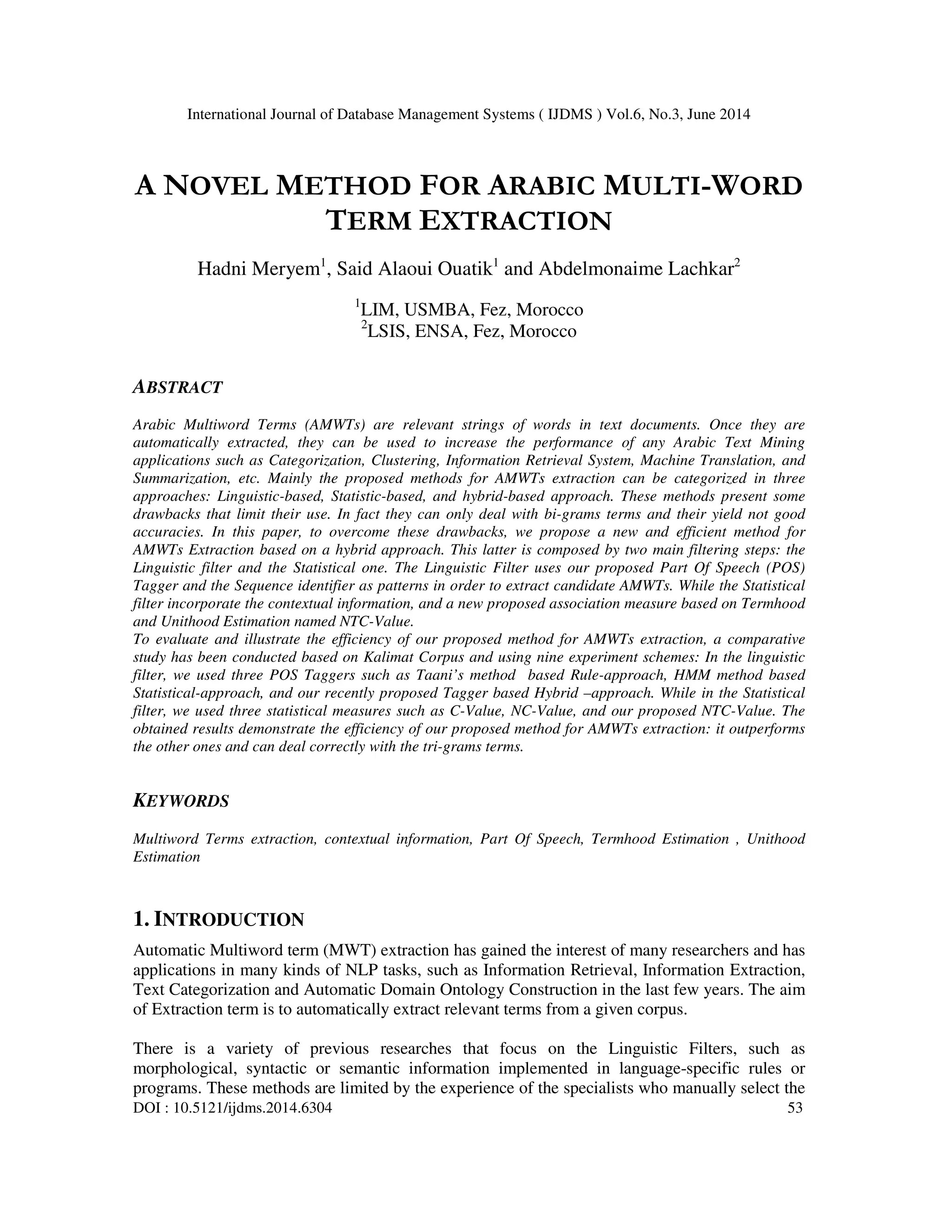 A novel method for arabic multi word term extraction | PDF