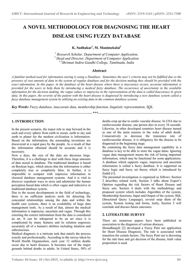 A novel methodology for diagnosing the heart disease using fuzzy database | PDF