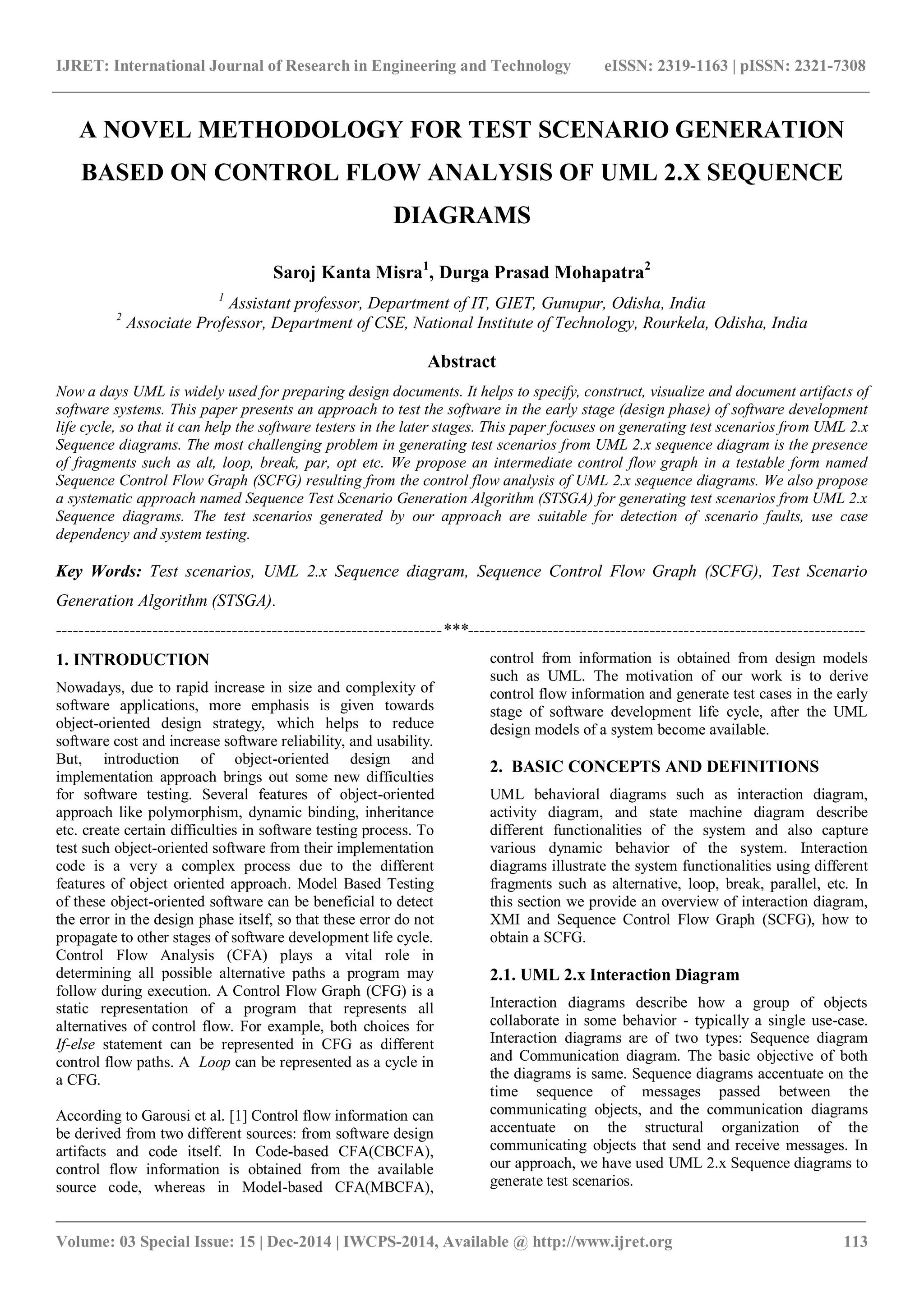 A Novel Methodology For Test Scenario Generation Based On Control Flow Analysis Of Uml 2 X