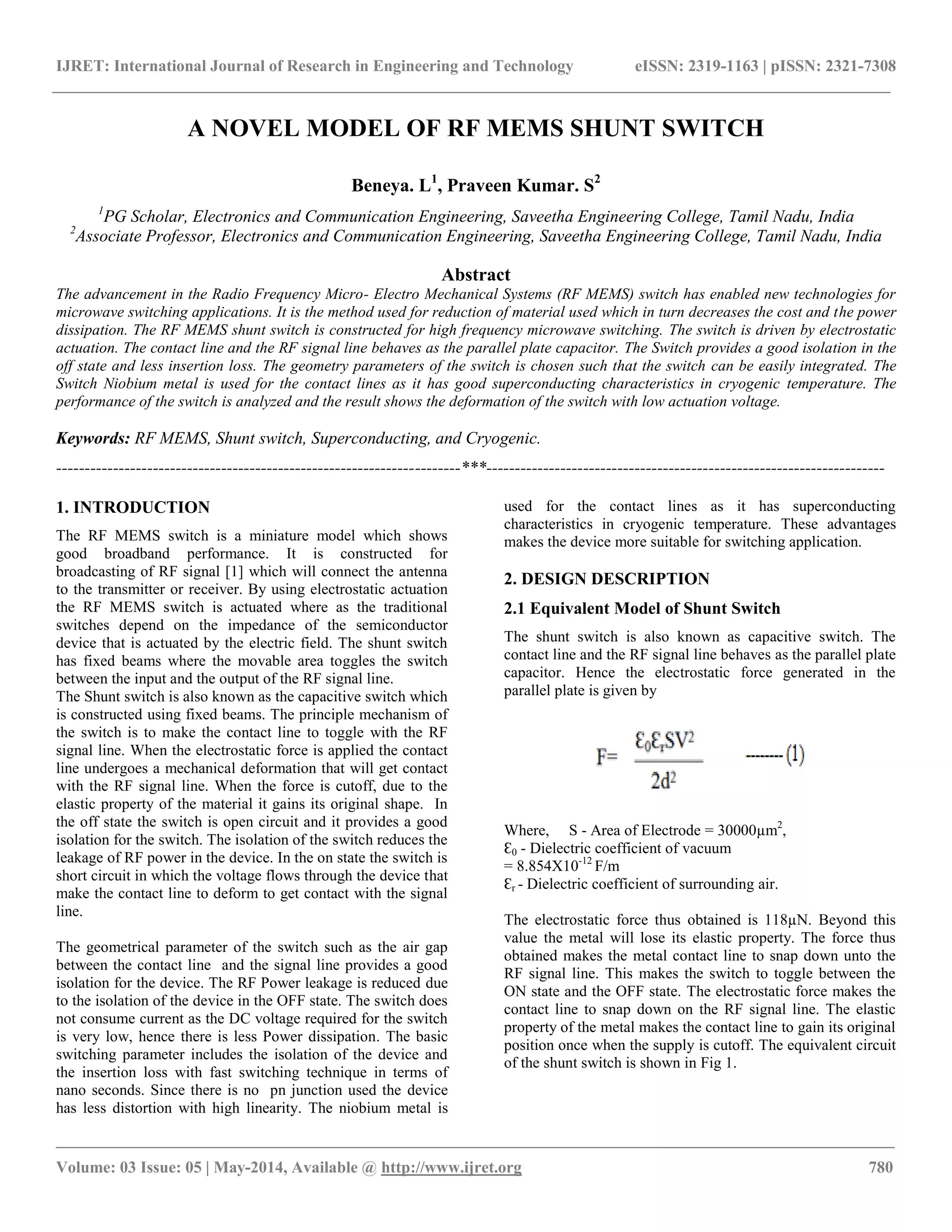 A novel model of rf mems shunt switch | PDF | Physics | Science