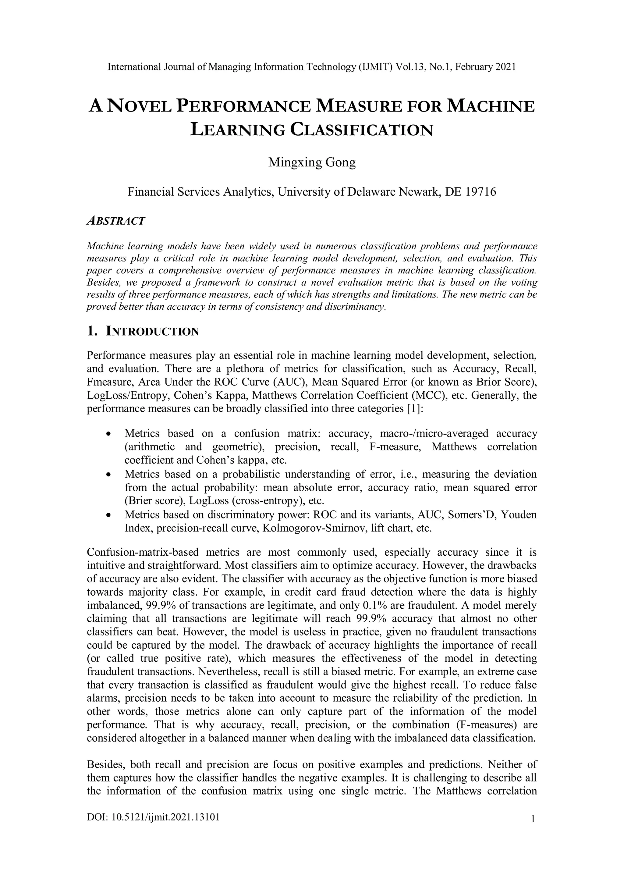 A Novel Performance Measure for Machine Learning Classification | PDF