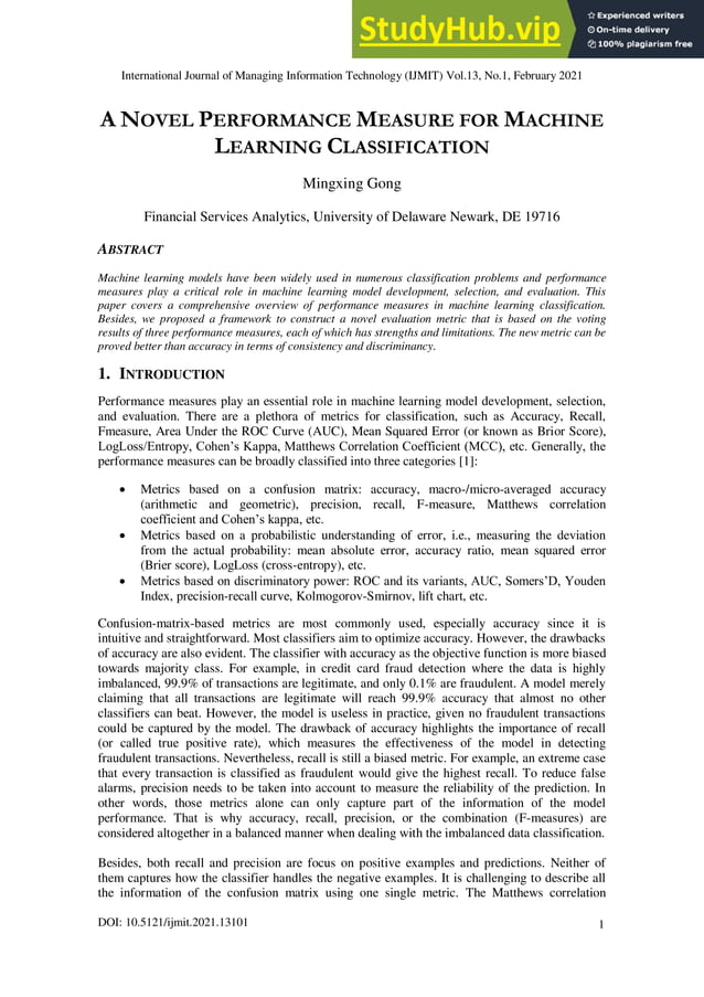 A Novel Performance Measure For Machine Learning Classification | PDF