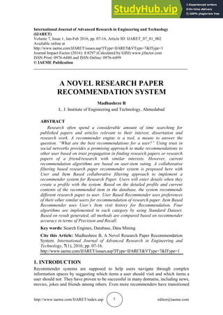 A NOVEL RESEARCH PAPER RECOMMENDATION SYSTEM | PDF