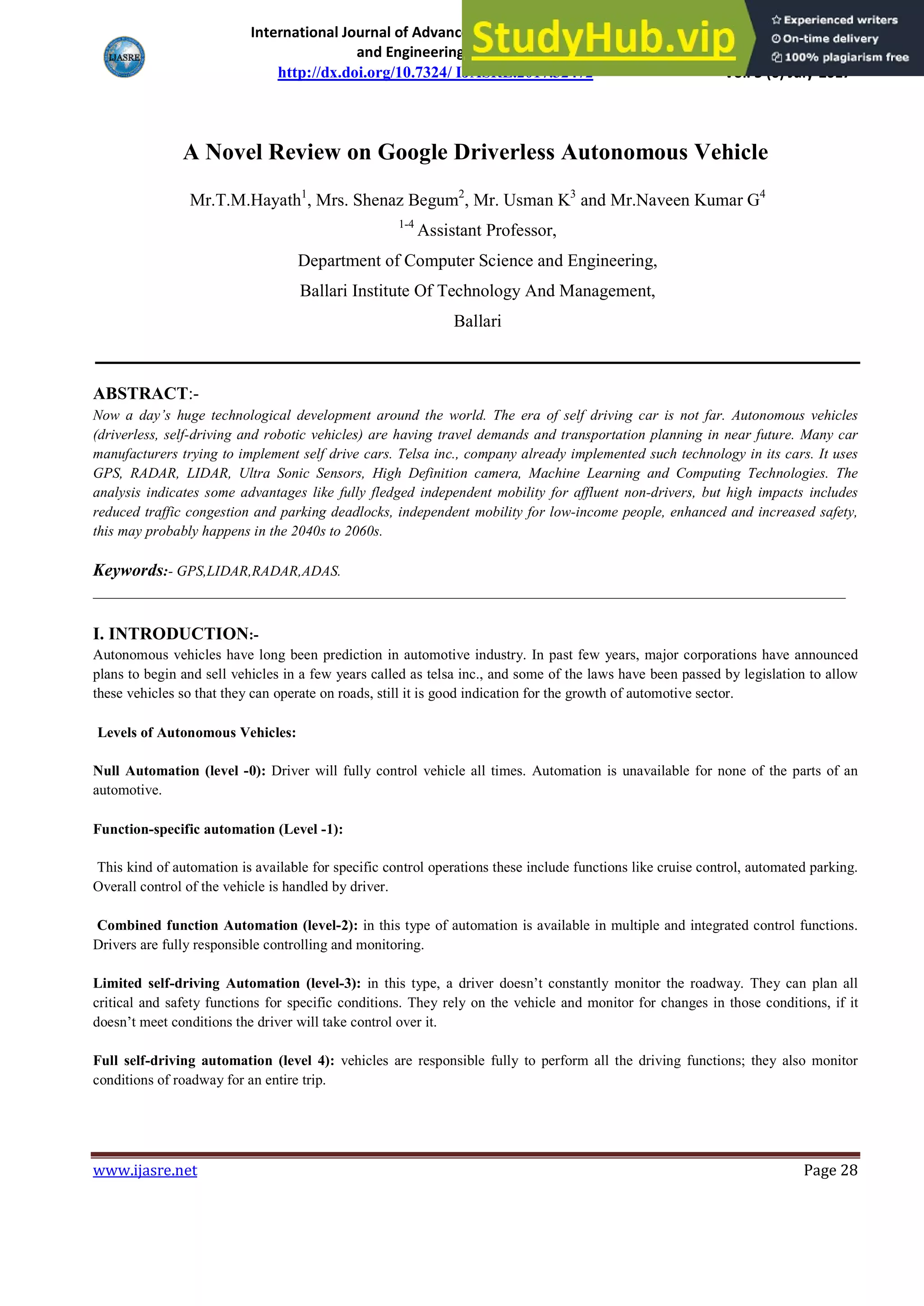 A Novel Review On Google Driverless Autonomous Vehicle | PDF