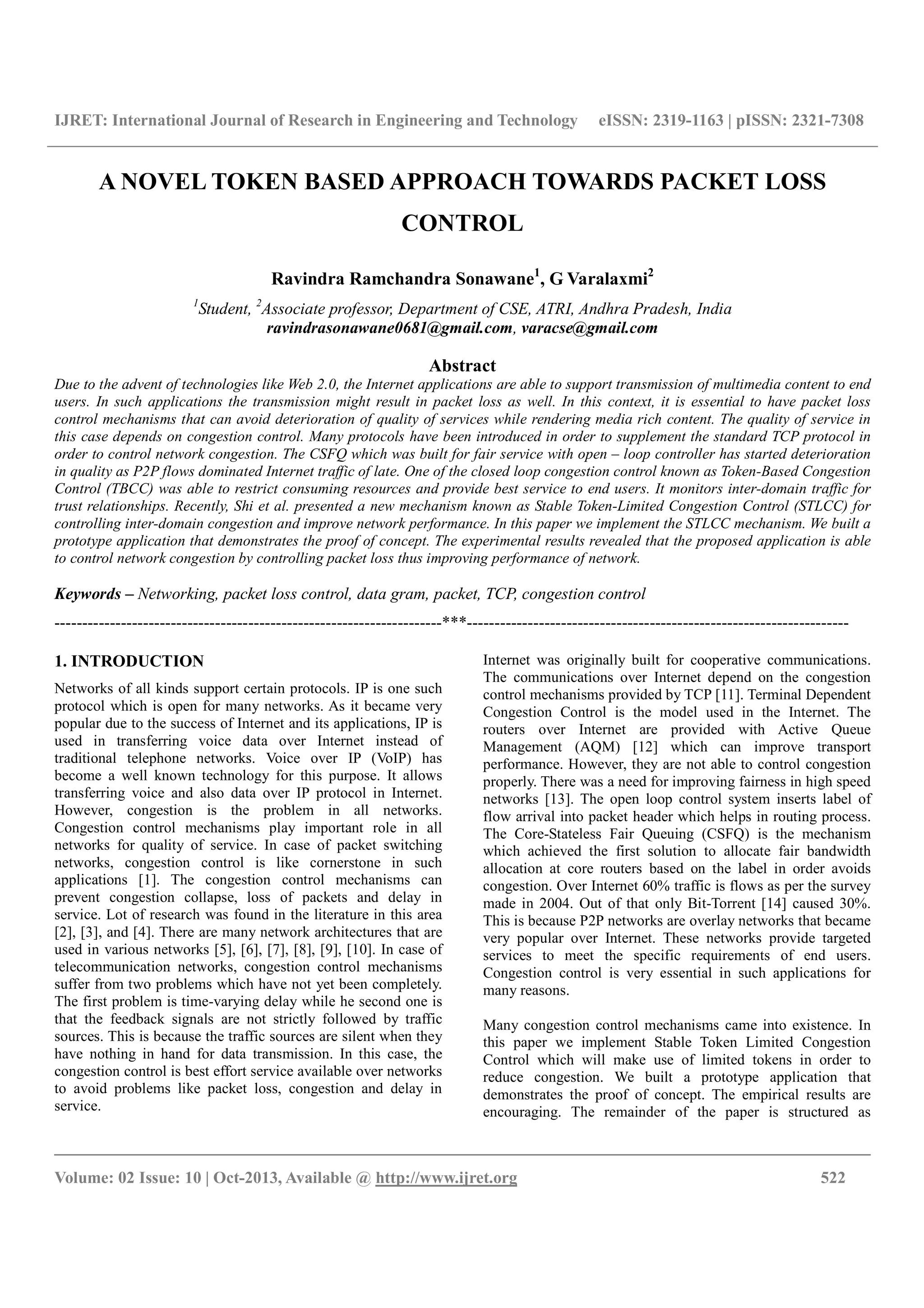 A Novel Token Based Approach Towards Packet Loss Pdf