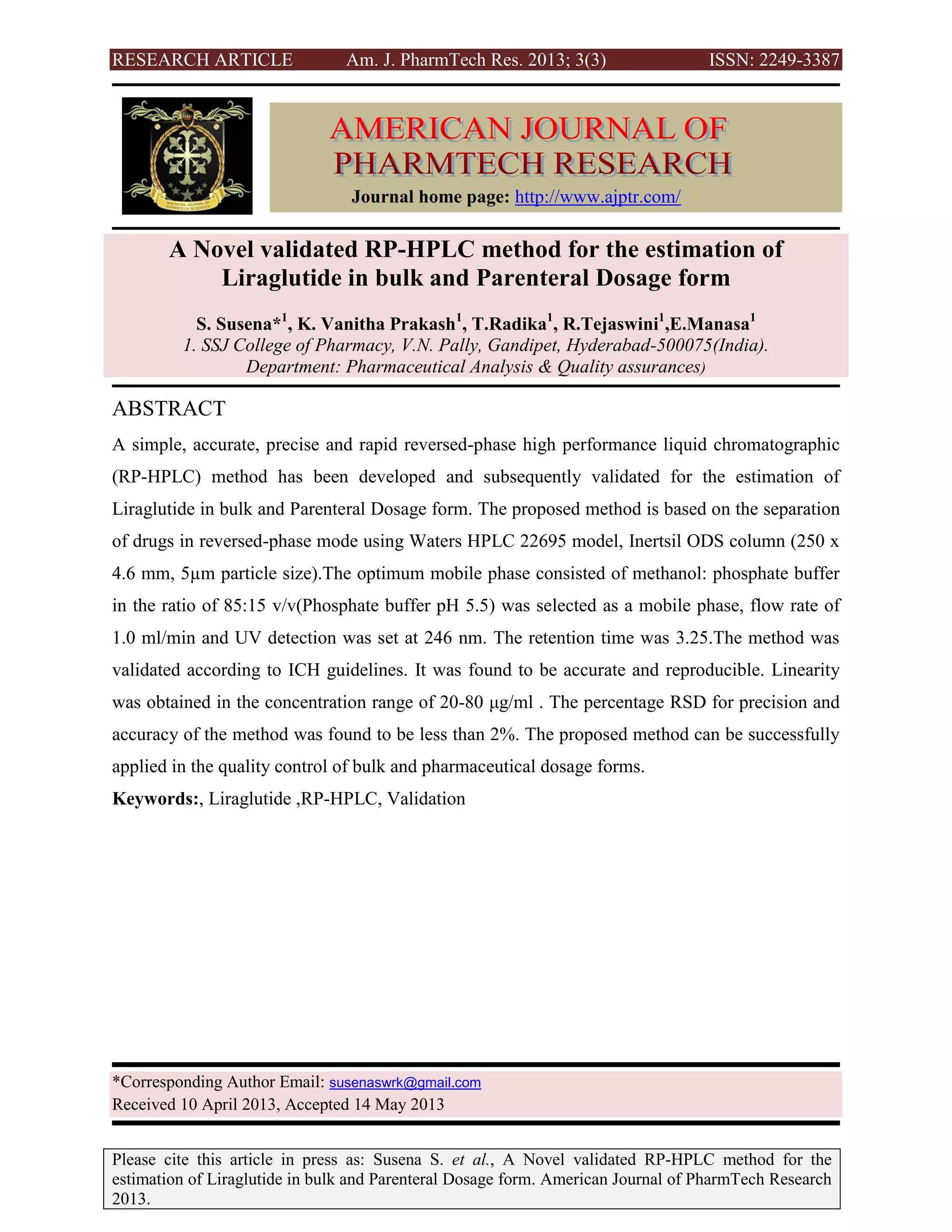 A Novel Validated Rphplc Method For The Estimation Of Liraglutide In