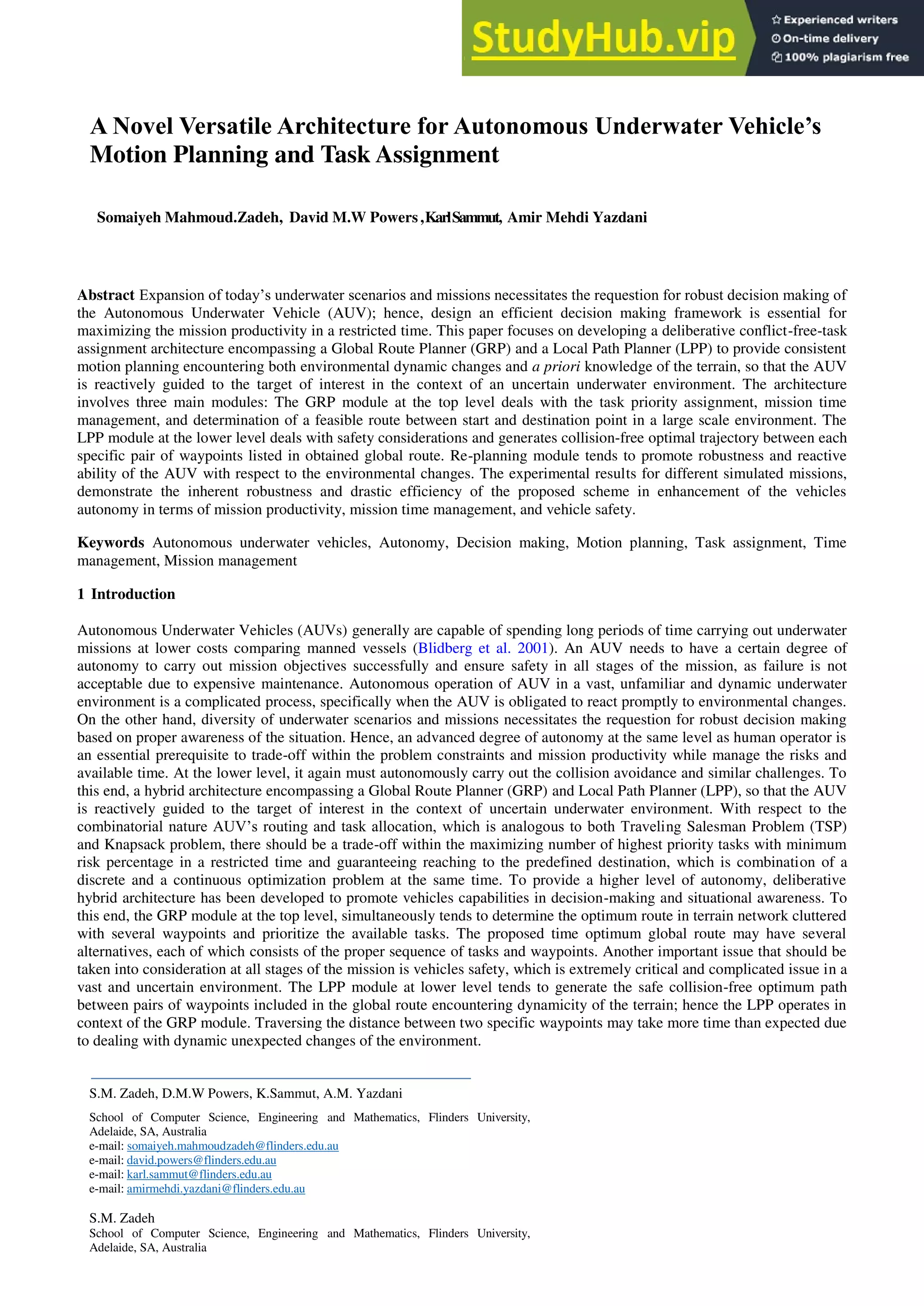 A Novel Versatile Architecture For Autonomous Underwater Vehicle S ...