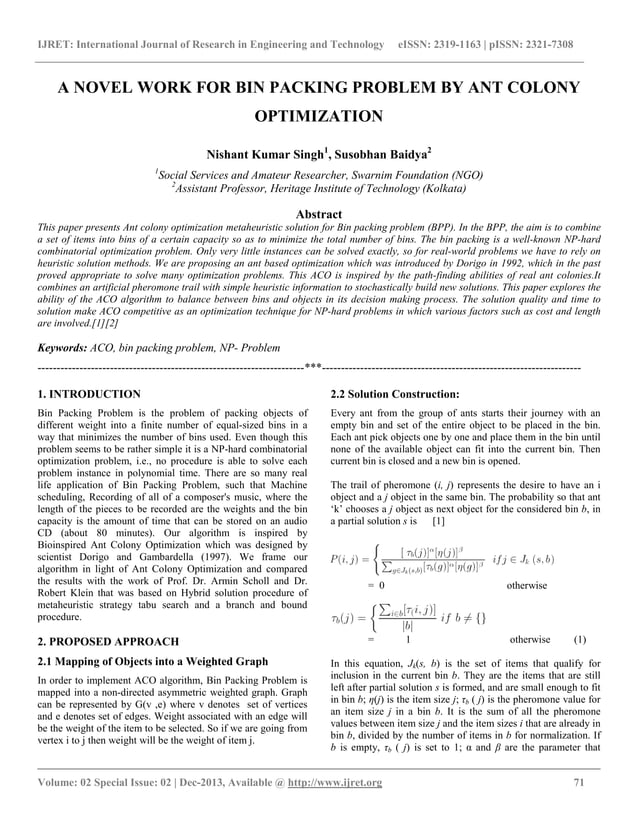 A novel work for bin packing problem by ant colony optimization | PDF