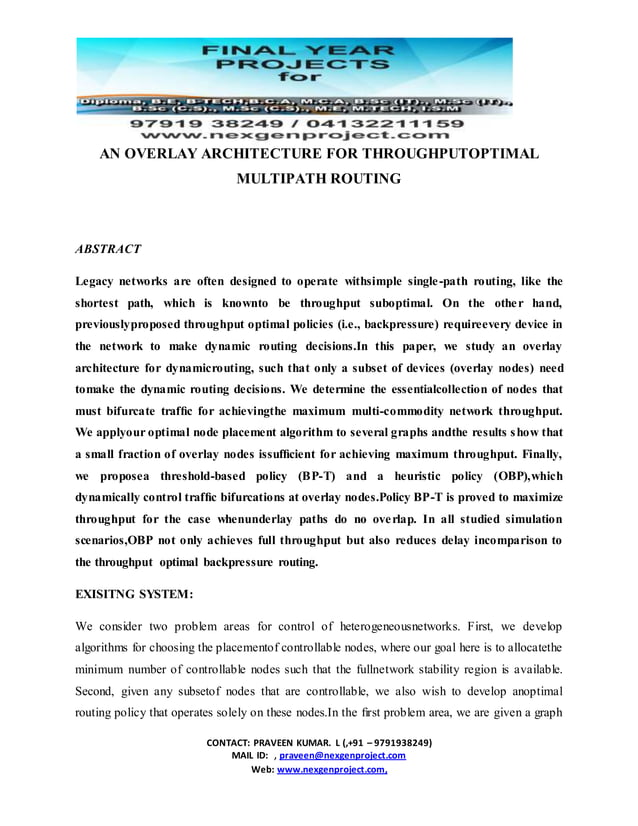 AN OVERLAY ARCHITECTURE FOR THROUGHPUTOPTIMAL MULTIPATH ROUTING | DOCX