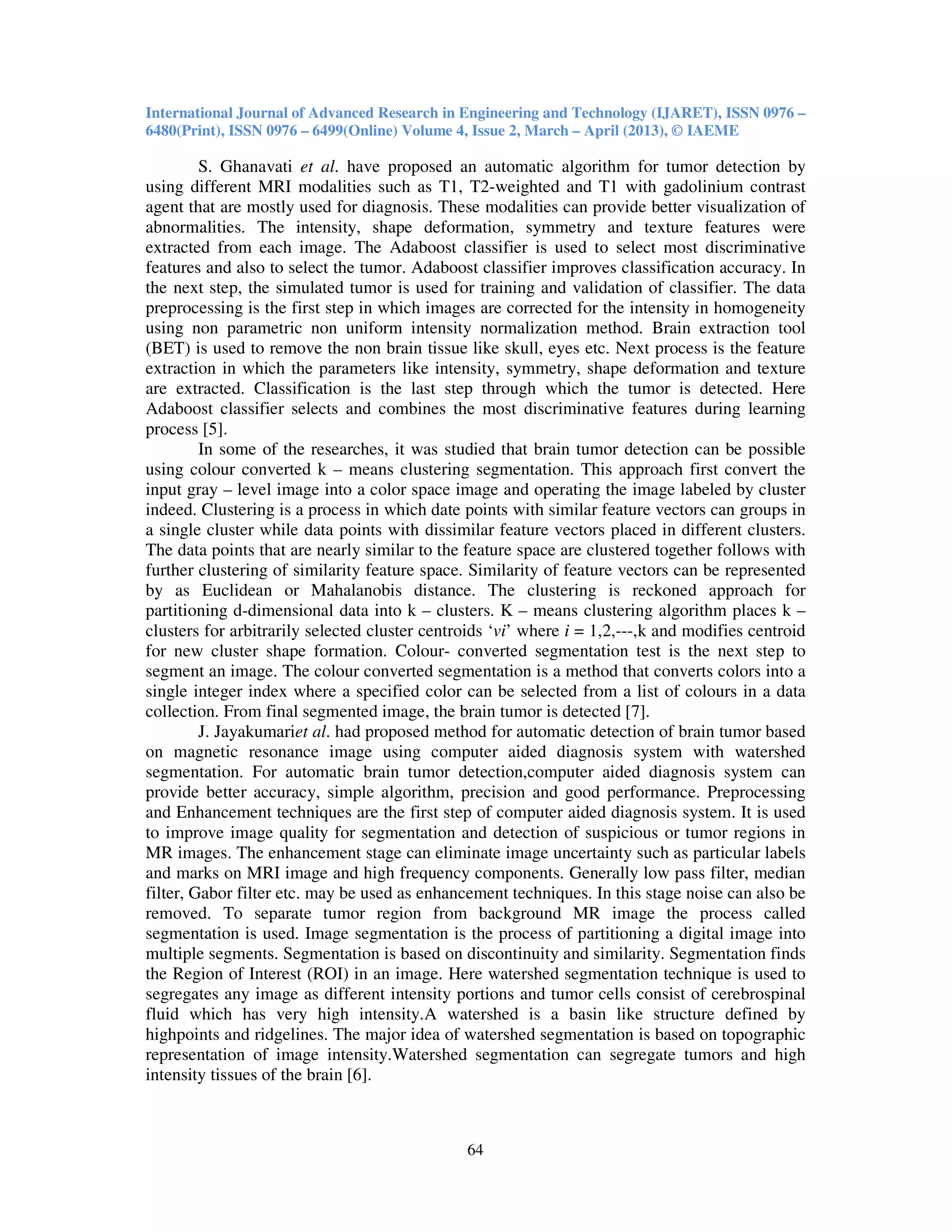 An overview of automatic brain tumor detection frommagnetic resonance images | PDF