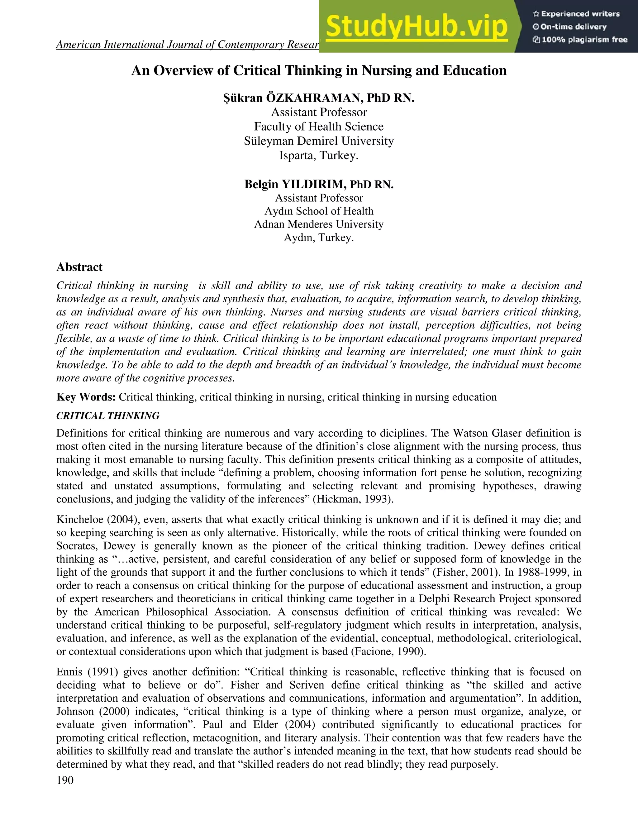 An Overview Of Critical Thinking In Nursing And Education | PDF