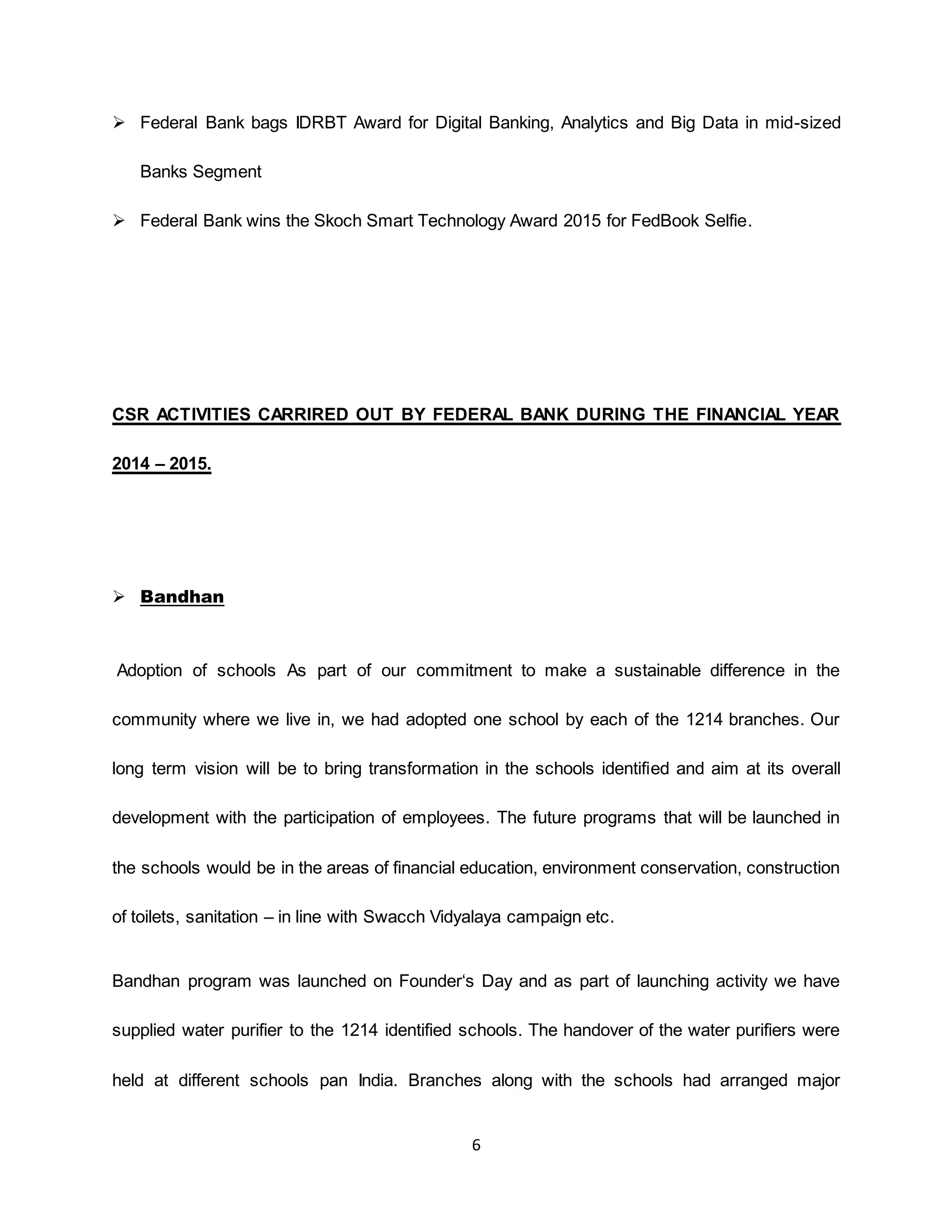 AN OVERVIEW OF CSR ACTIVITIES BEING PEROFRMED BY FEDERAL BANK LIMITED ...