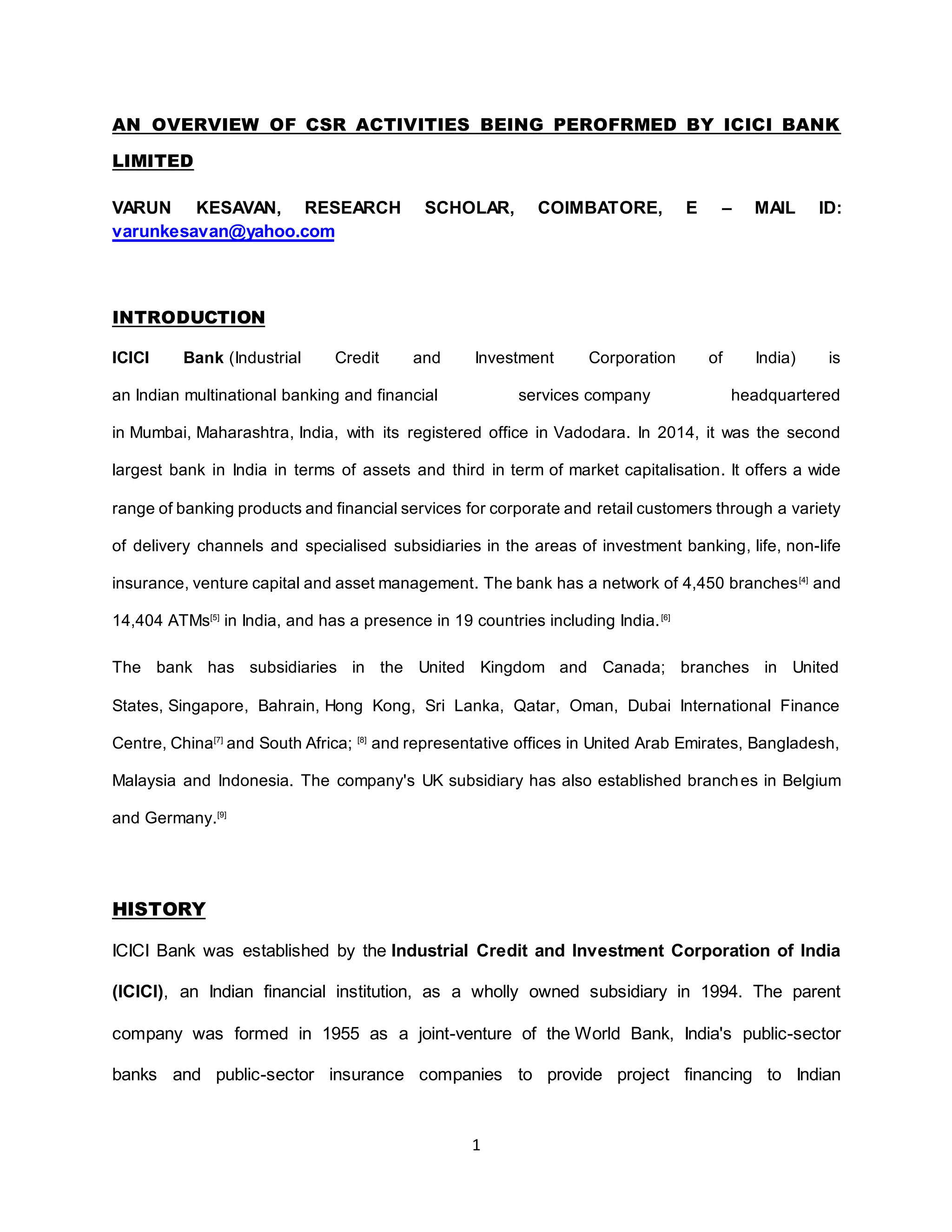 AN OVERVIEW OF CSR ACTIVITIES BEING PEROFRMED BY ICICI BANK LIMITED | DOCX