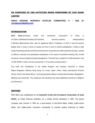 AN OVERVIEW OF CSR ACTIVITIES BEING PEROFRMED BY ICICI BANK LIMITED | DOCX