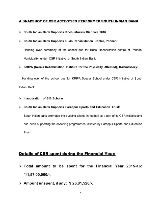 AN OVERVIEW OF CSR ACTIVITIES BEING PEROFRMED BY SOUTH INDIAN BANK ...