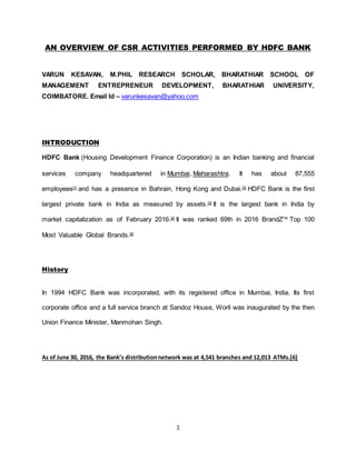An OVERVIEW OF CSR ACTIVITIES PERFORMED BY HDFC BANK | DOCX