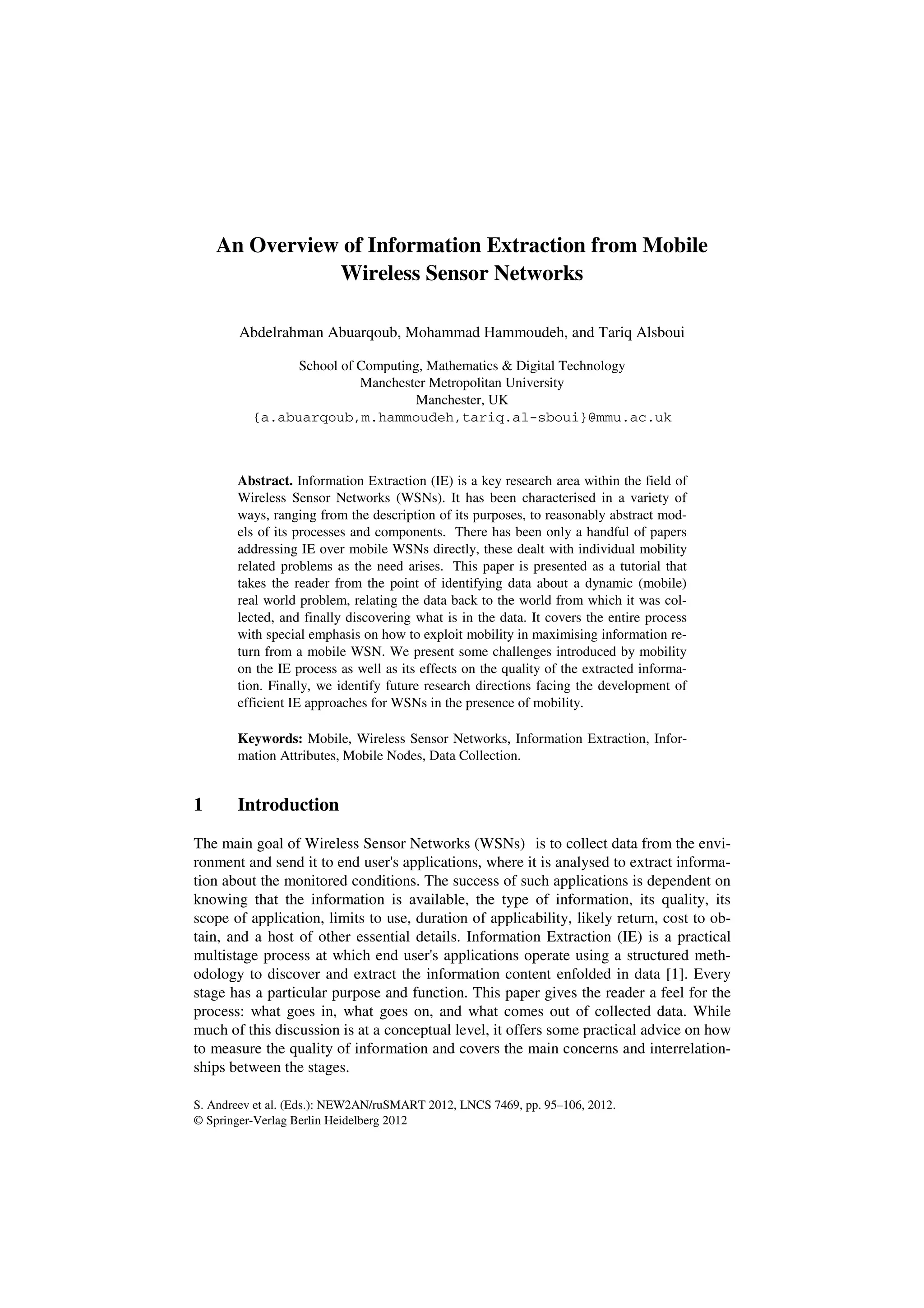 An Overview of Information Extraction from Mobile Wireless Sensor Networks | PDF