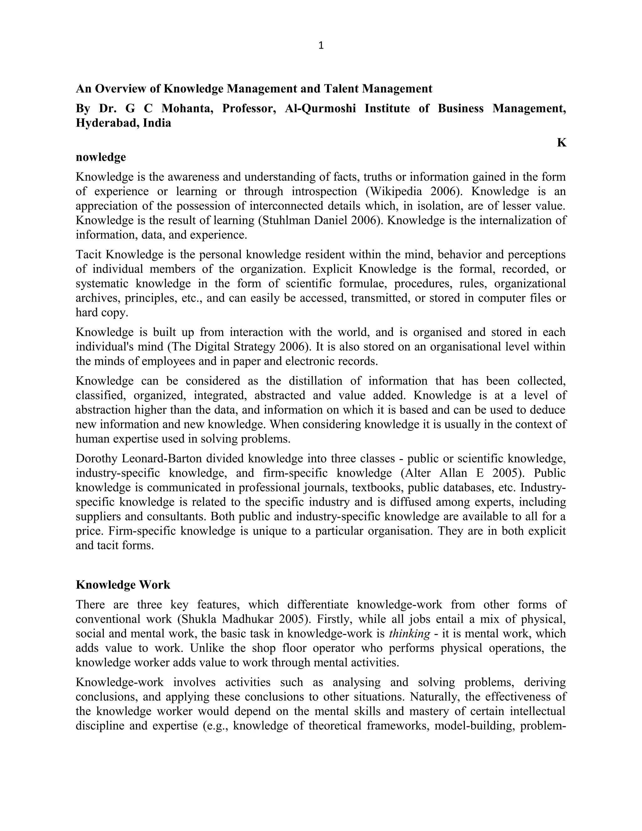 An overview of Knowledge Management and Talent Management | DOC