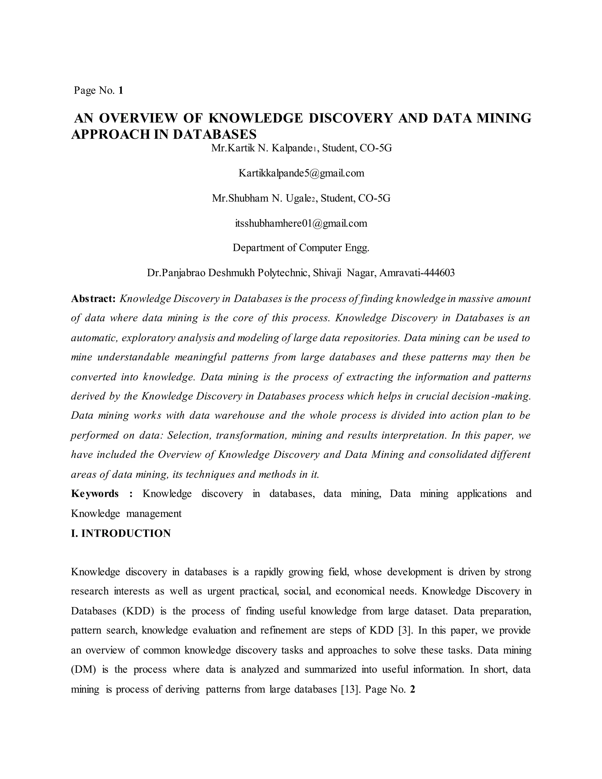 knowledge discovery and data mining approach in databases (2) | PDF