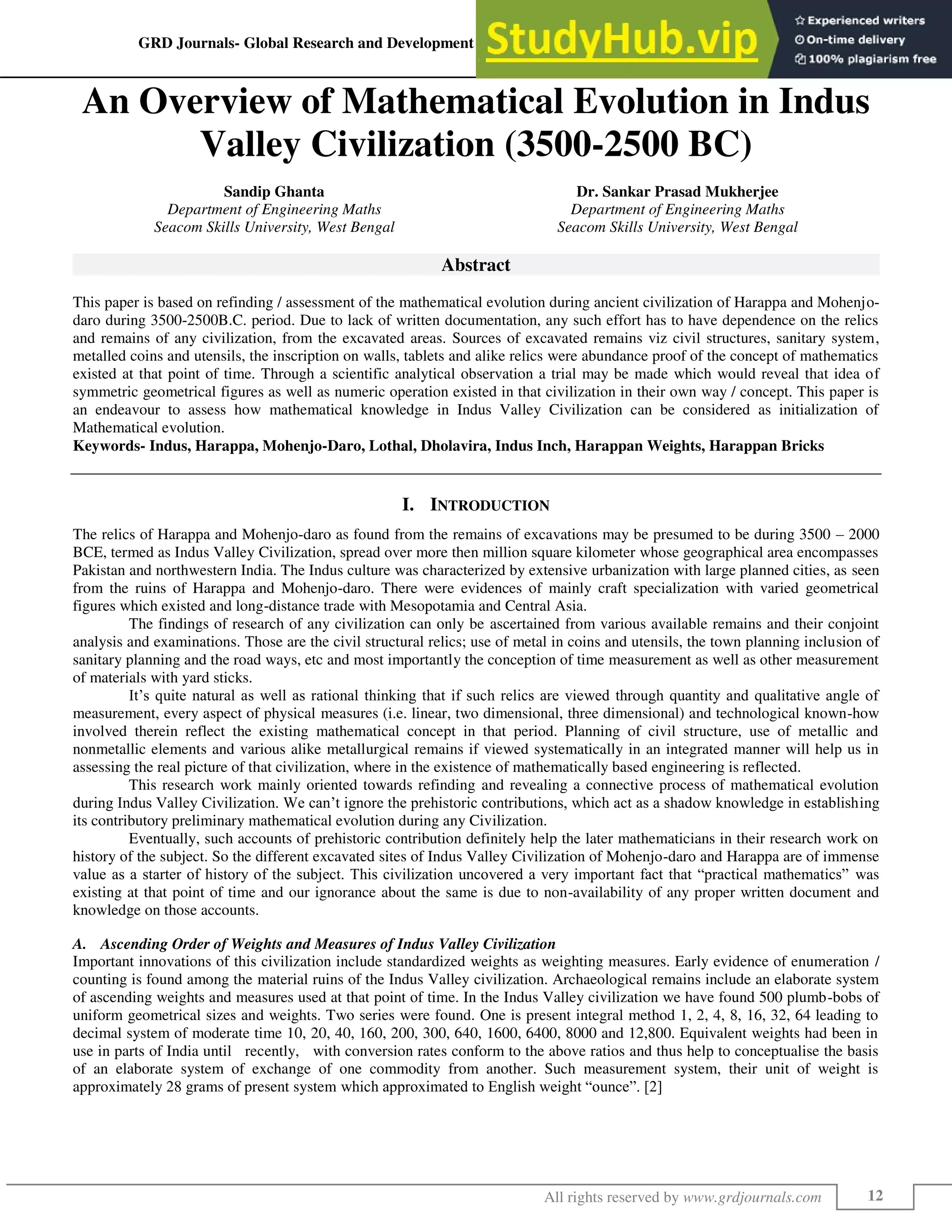 An Overview Of Mathematical Evolution In Indus Valley Civilization ...