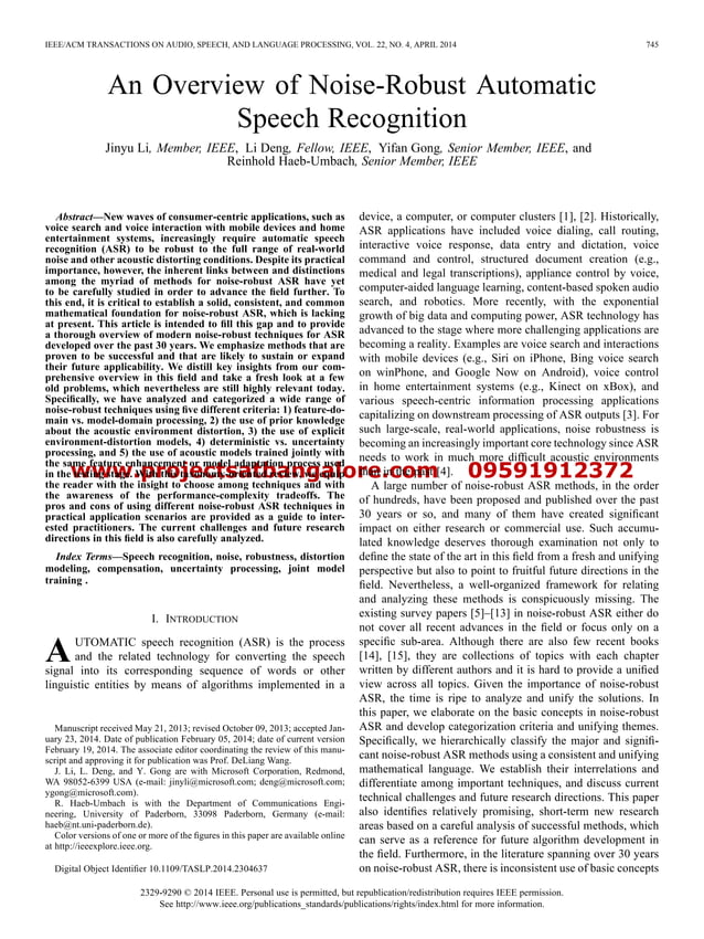 An Overview of Noise-Robust Automatic Speech Recognition | PDF