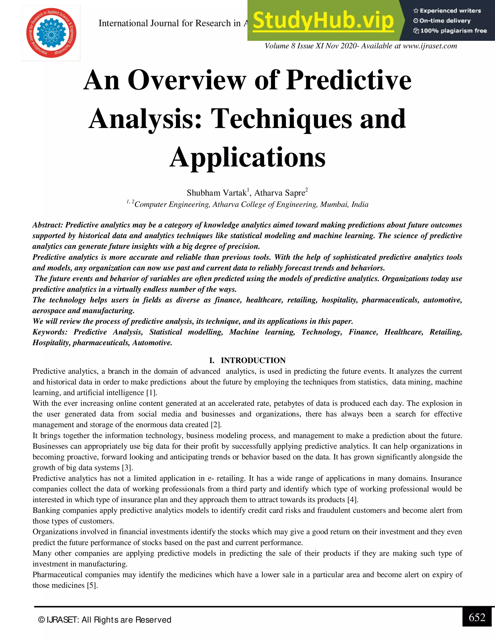 An Overview Of Predictive Analysis Techniques And Applications | PDF