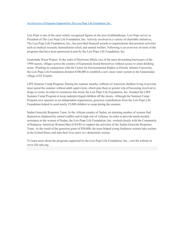 An overview of programs supported by the lois pope life foundation | PDF