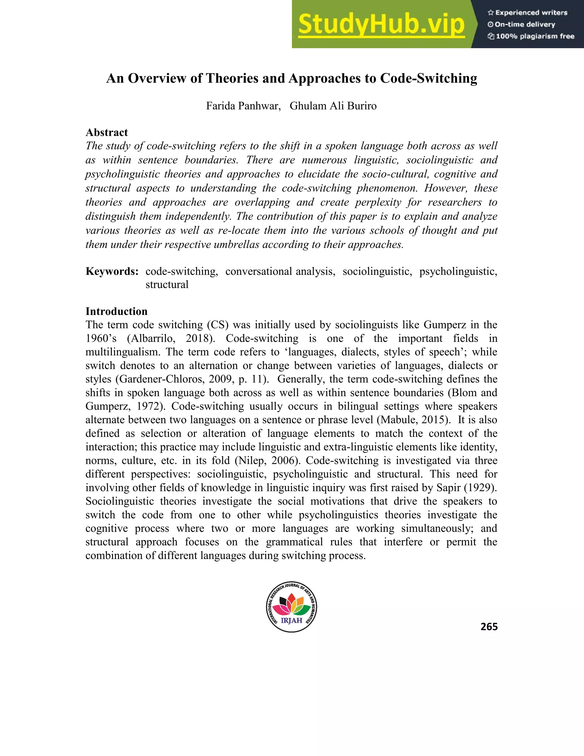 An Overview Of Theories And Approaches To Code-Switching | PDF