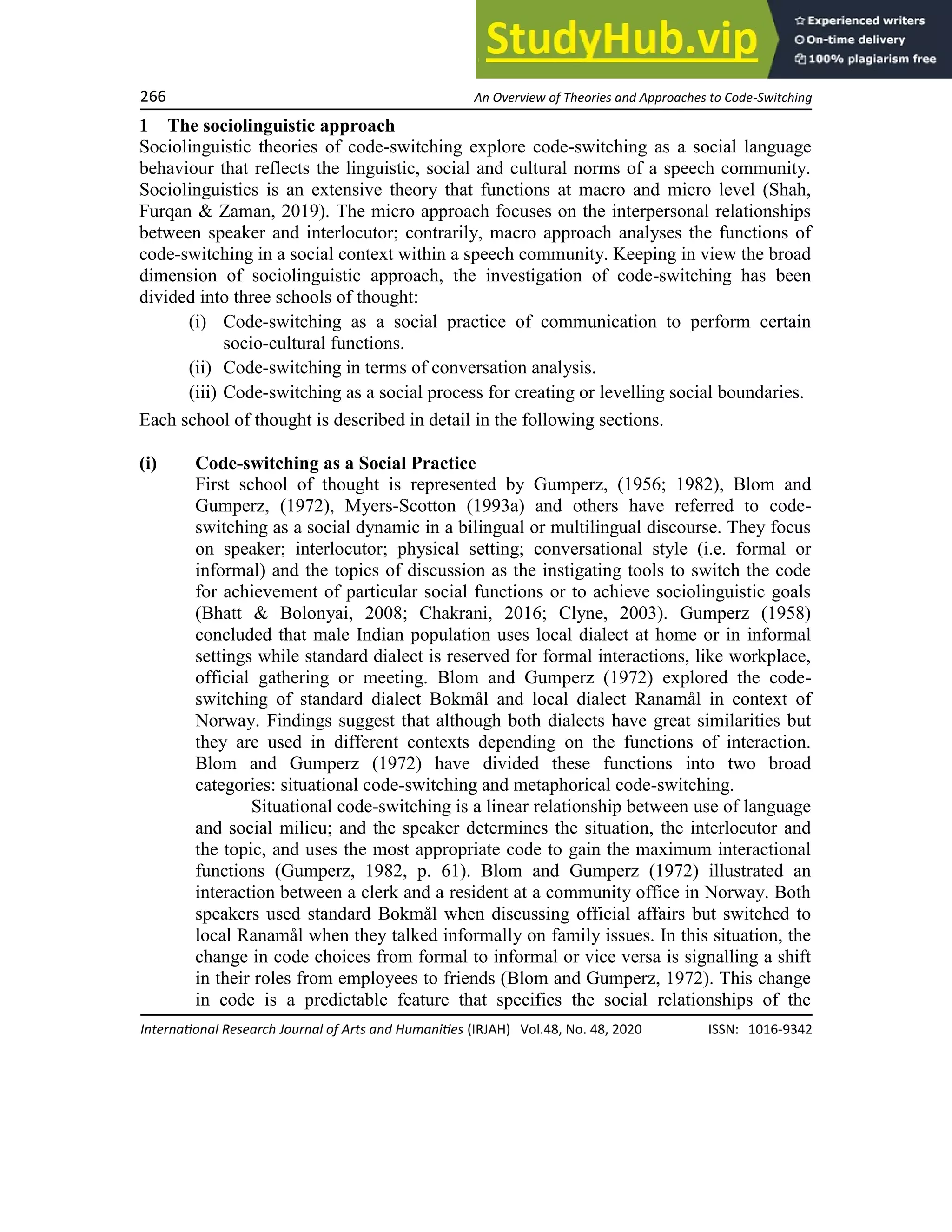 An Overview Of Theories And Approaches To Code-Switching | PDF