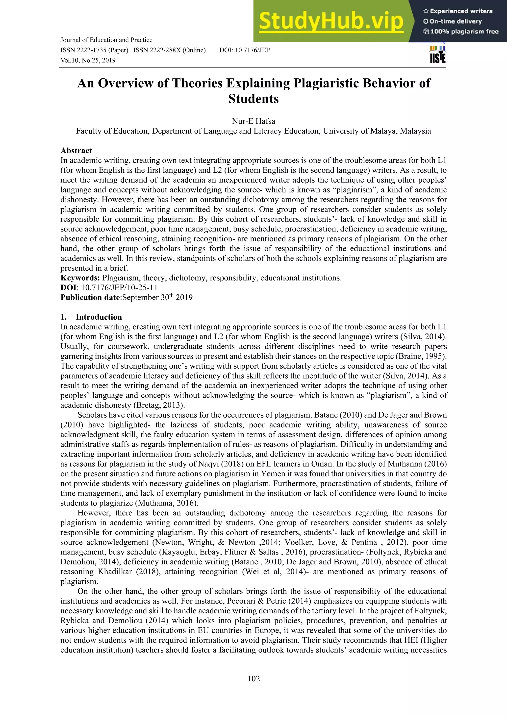 An Overview Of Theories Explaining Plagiaristic Behavior Of Students | PDF