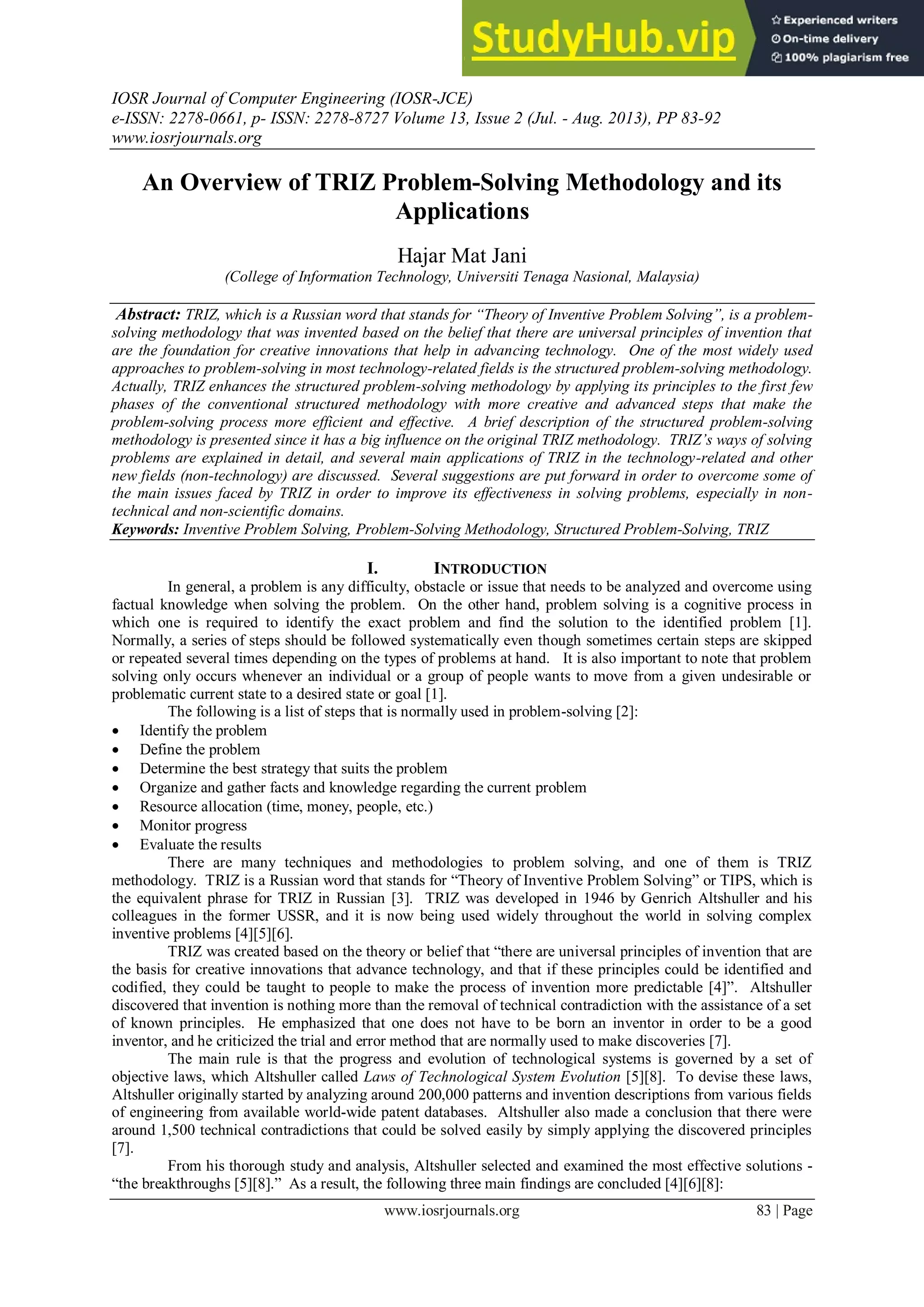 An Overview Of TRIZ Problem-Solving Methodology And Its Applications | PDF