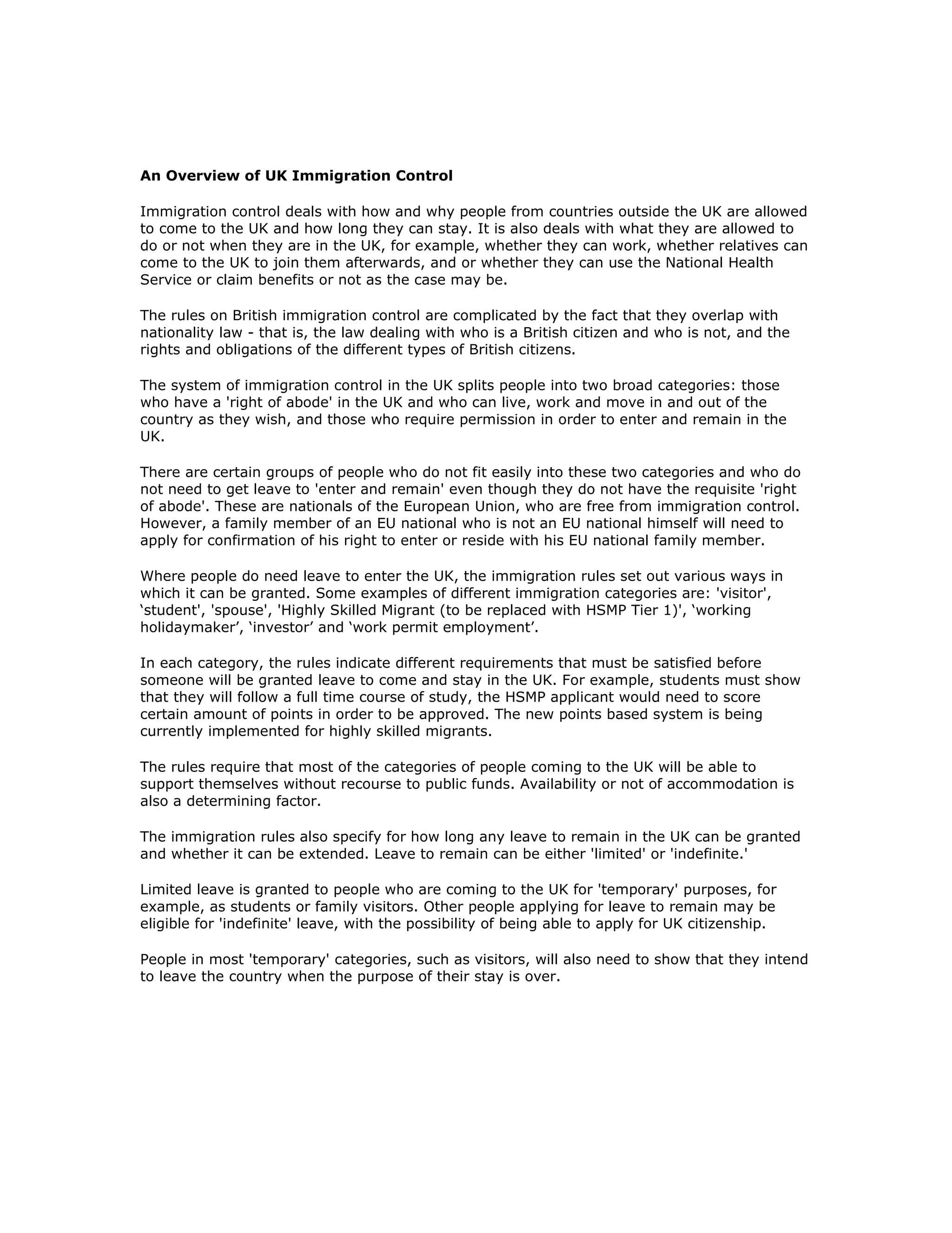 An Overview Of UK Immigration Control | DOC