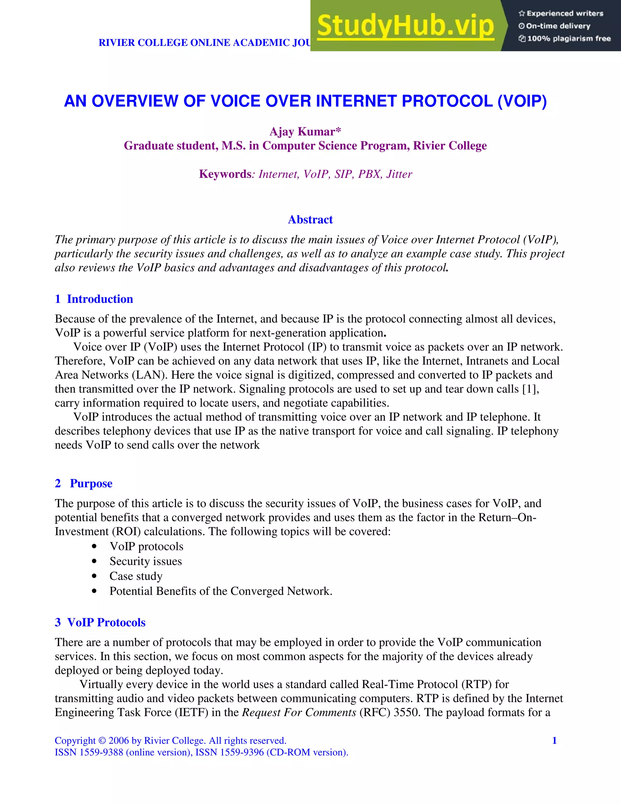 AN OVERVIEW OF VOICE OVER INTERNET PROTOCOL (VOIP | PDF
