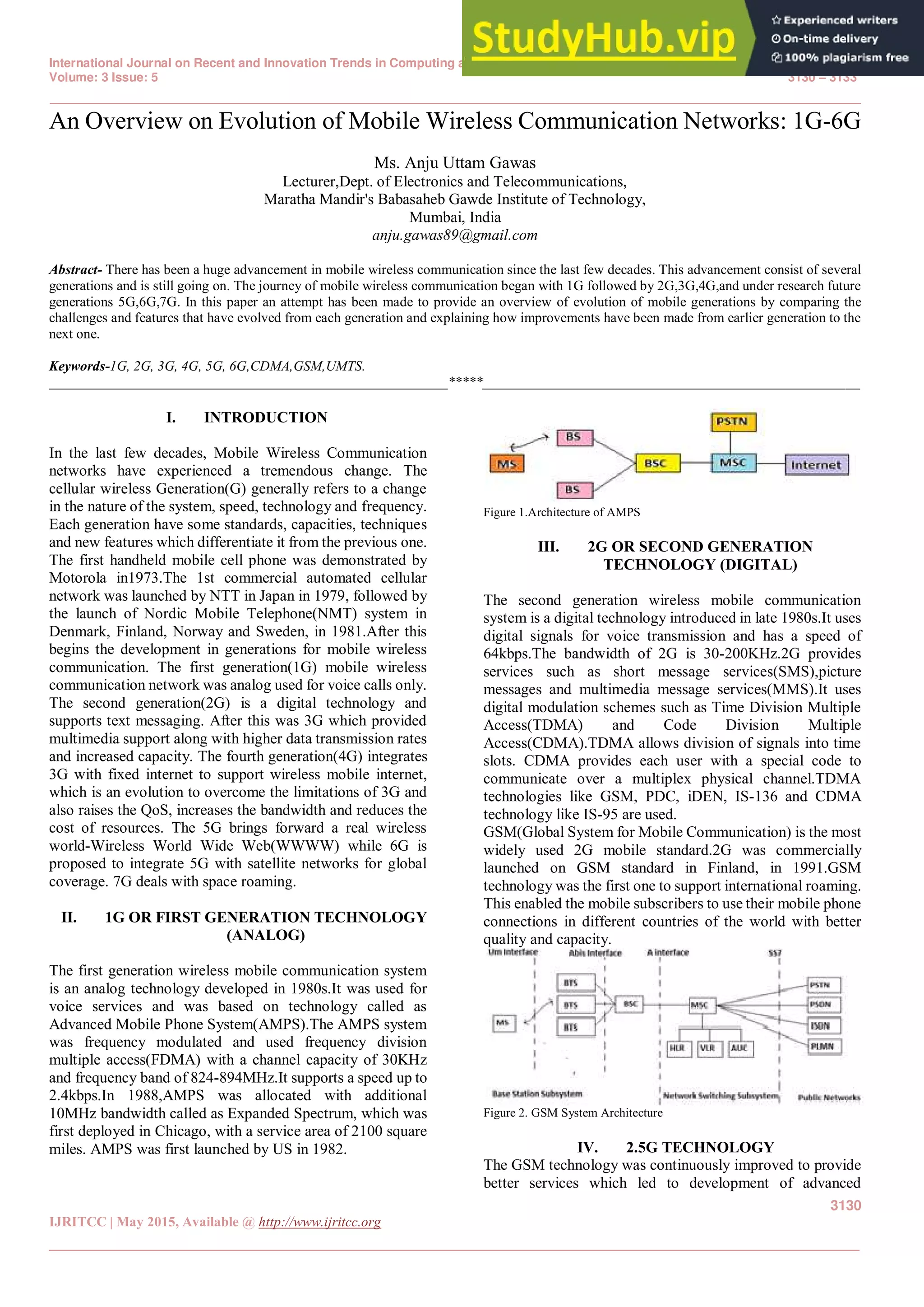 An Overview On Evolution Of Mobile Wireless Communication Networks 1G-6G | PDF