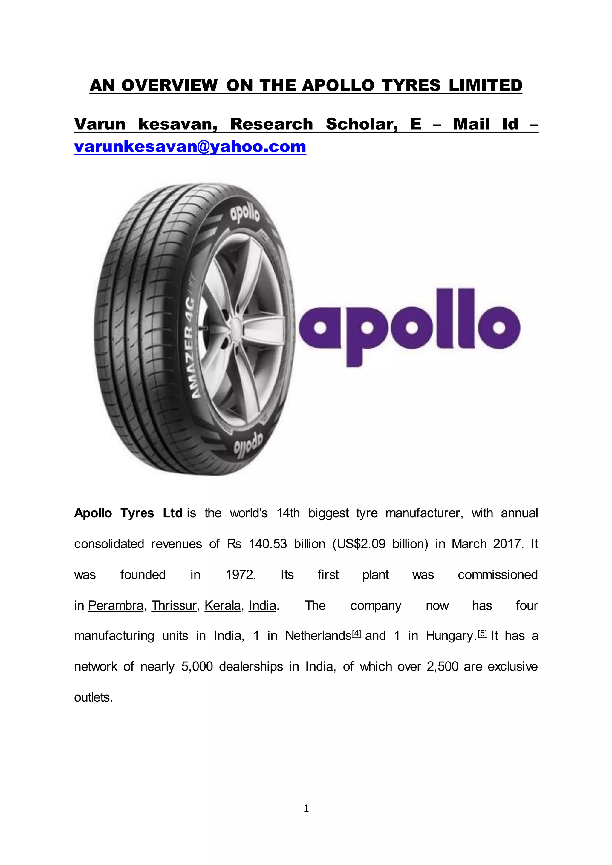 AN OVERVIEW ON THE APOLLO TYRES LIMITED | DOCX