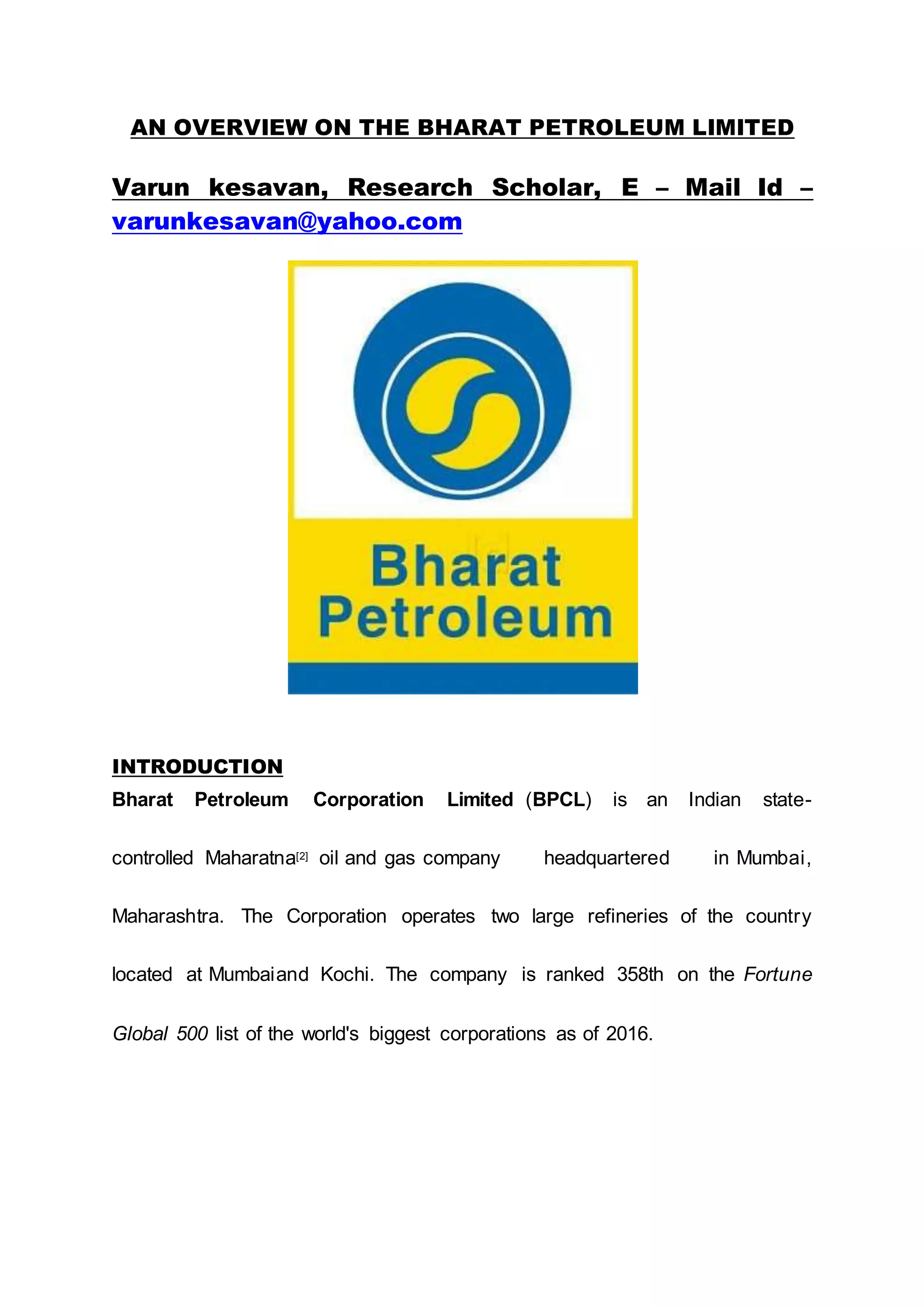 AN OVERVIEW ON THE BHARAT PETROLEUM LIMITED | PDF
