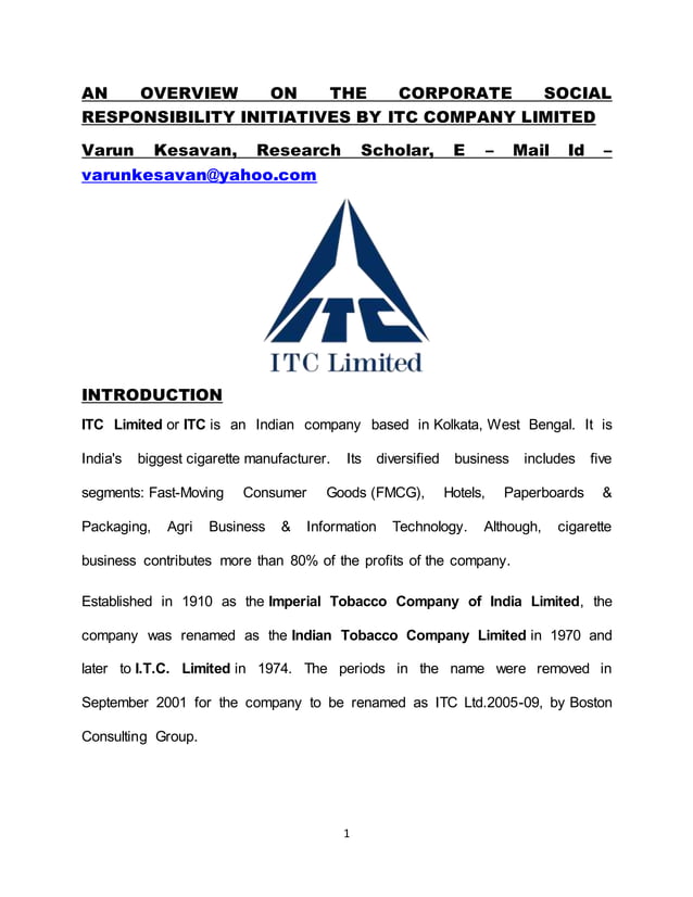 AN OVERVIEW ON THE CORPORATE SOCIAL RESPONSIBILITY INITIATIVES BY ITC COMPANY LIMITED | DOCX