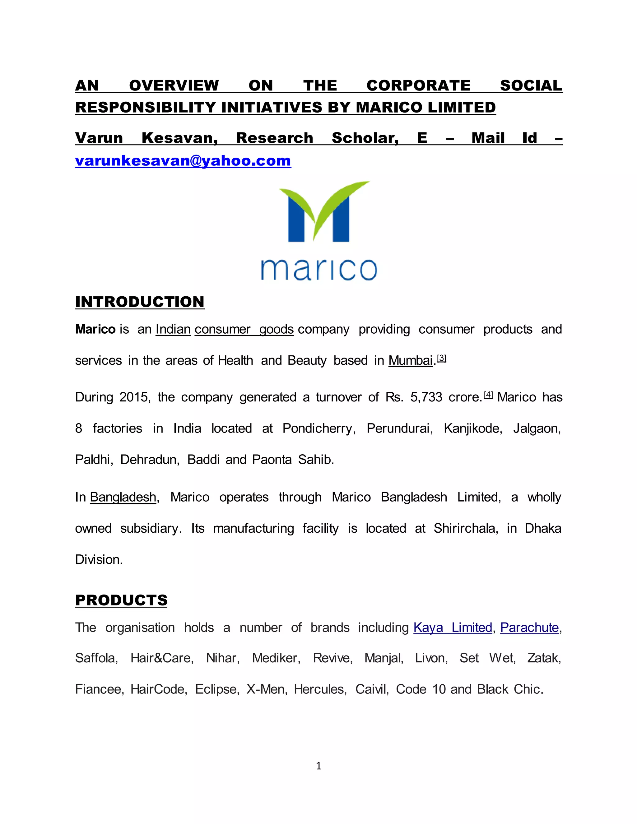 AN OVERVIEW ON THE CORPORATE SOCIAL RESPONSIBILITY INITIATIVES BY MARICO LIMITED | DOCX