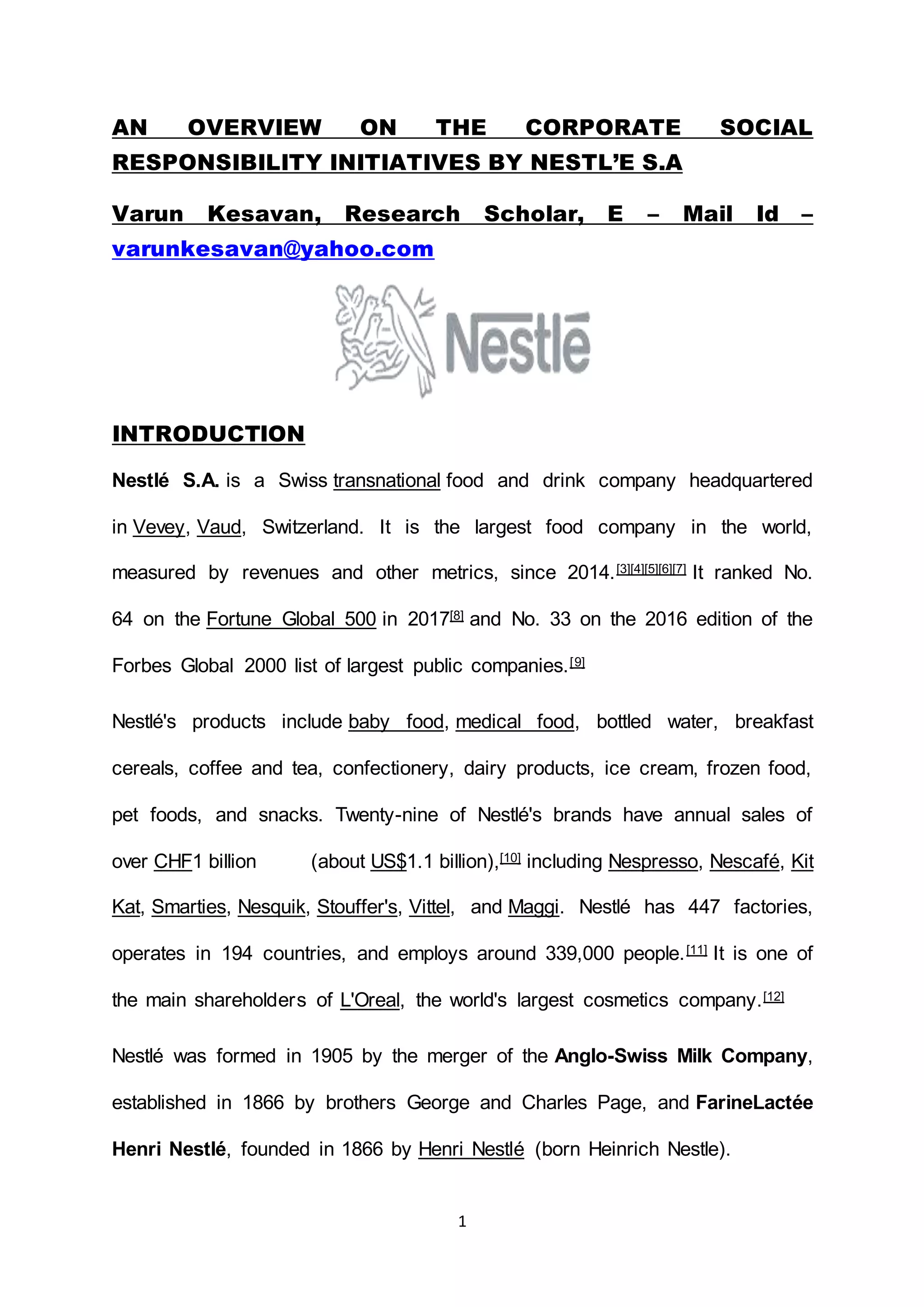 AN OVERVIEW ON THE CORPORATE SOCIAL RESPONSIBILITY INITIATIVES BY NESTL’E S.A | DOCX