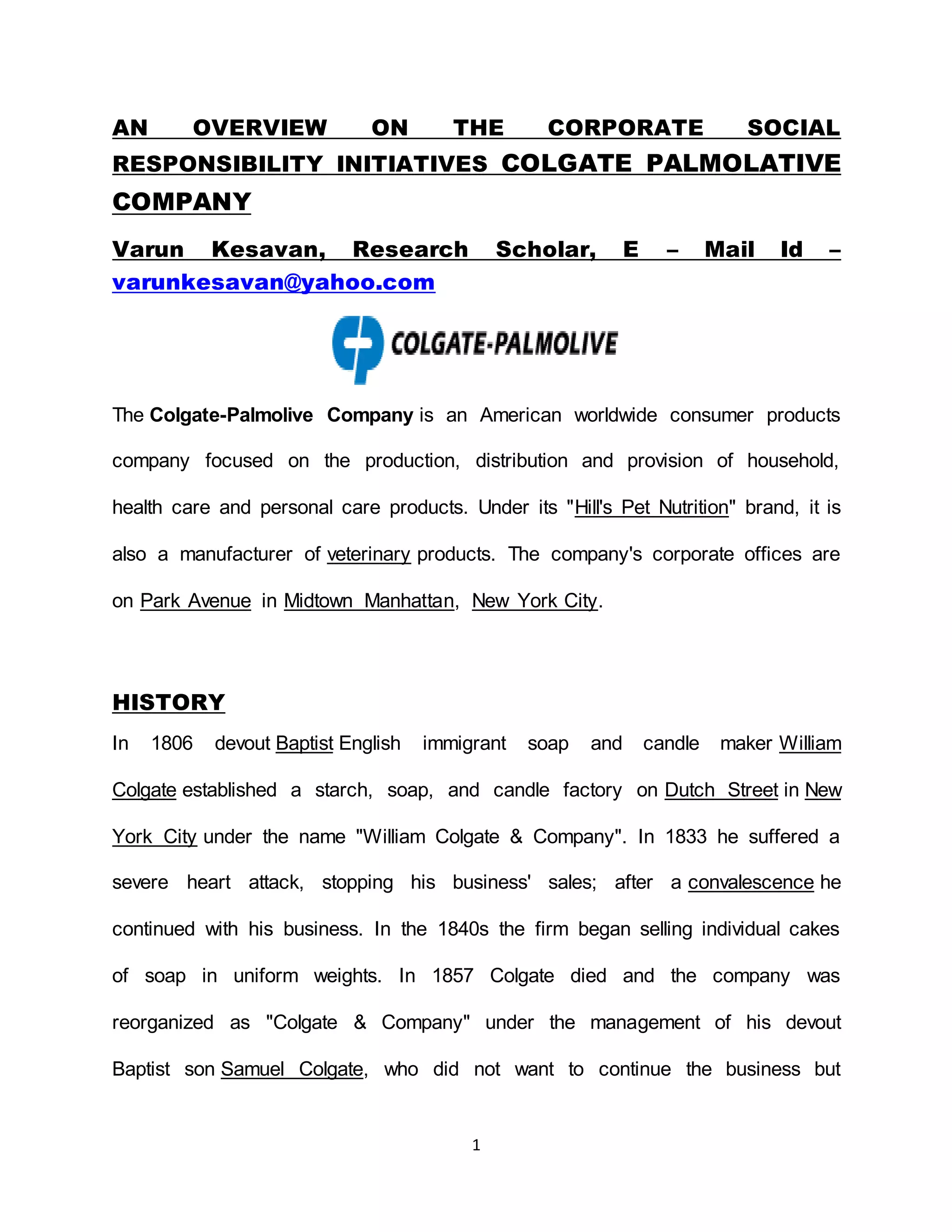 AN OVERVIEW ON THE CORPORATE SOCIAL RESPONSIBILITY INITIATIVES COLGATE ...