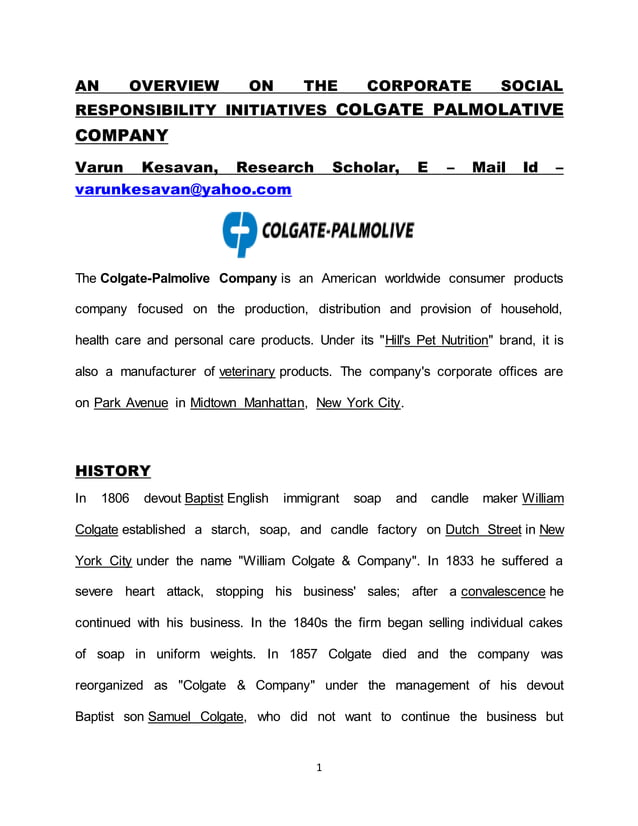 AN OVERVIEW ON THE CORPORATE SOCIAL RESPONSIBILITY INITIATIVES COLGATE ...