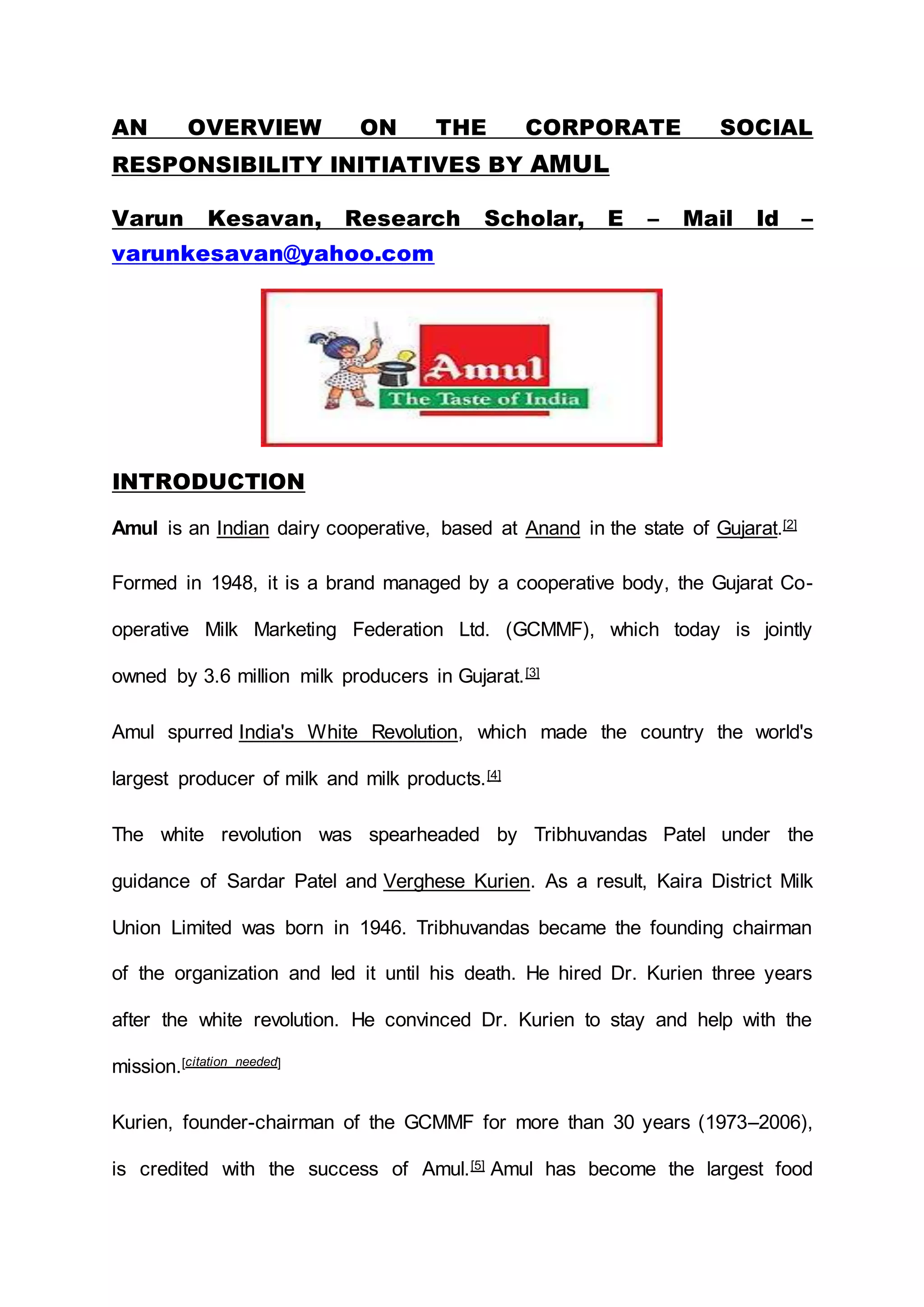 AN OVERVIEW ON THE CORPORATE SOCIAL RESPONSIBILITY INITIATIVES BY AMUL ...