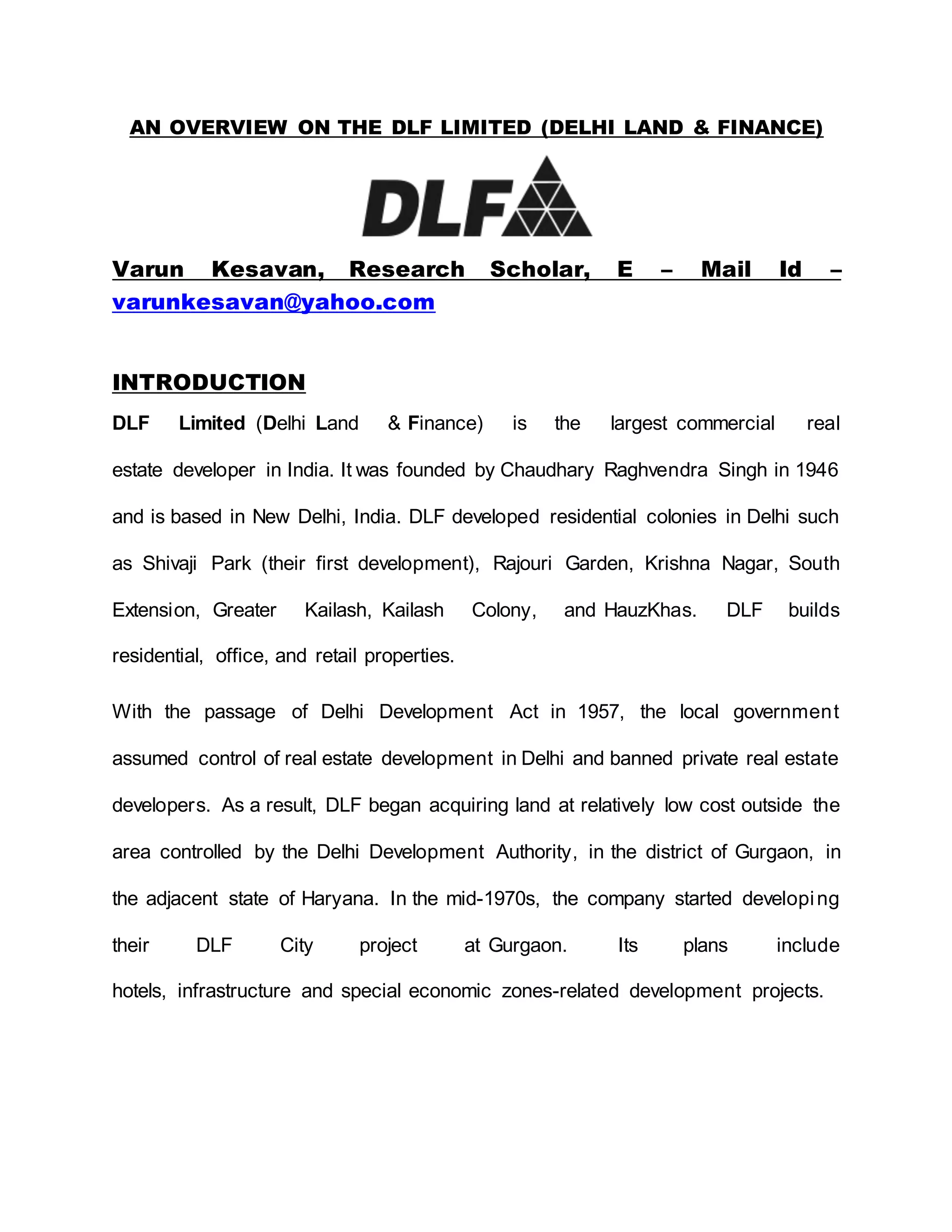 AN OVERVIEW ON THE DLF LIMITED (DELHI LAND & FINANCE) | DOCX