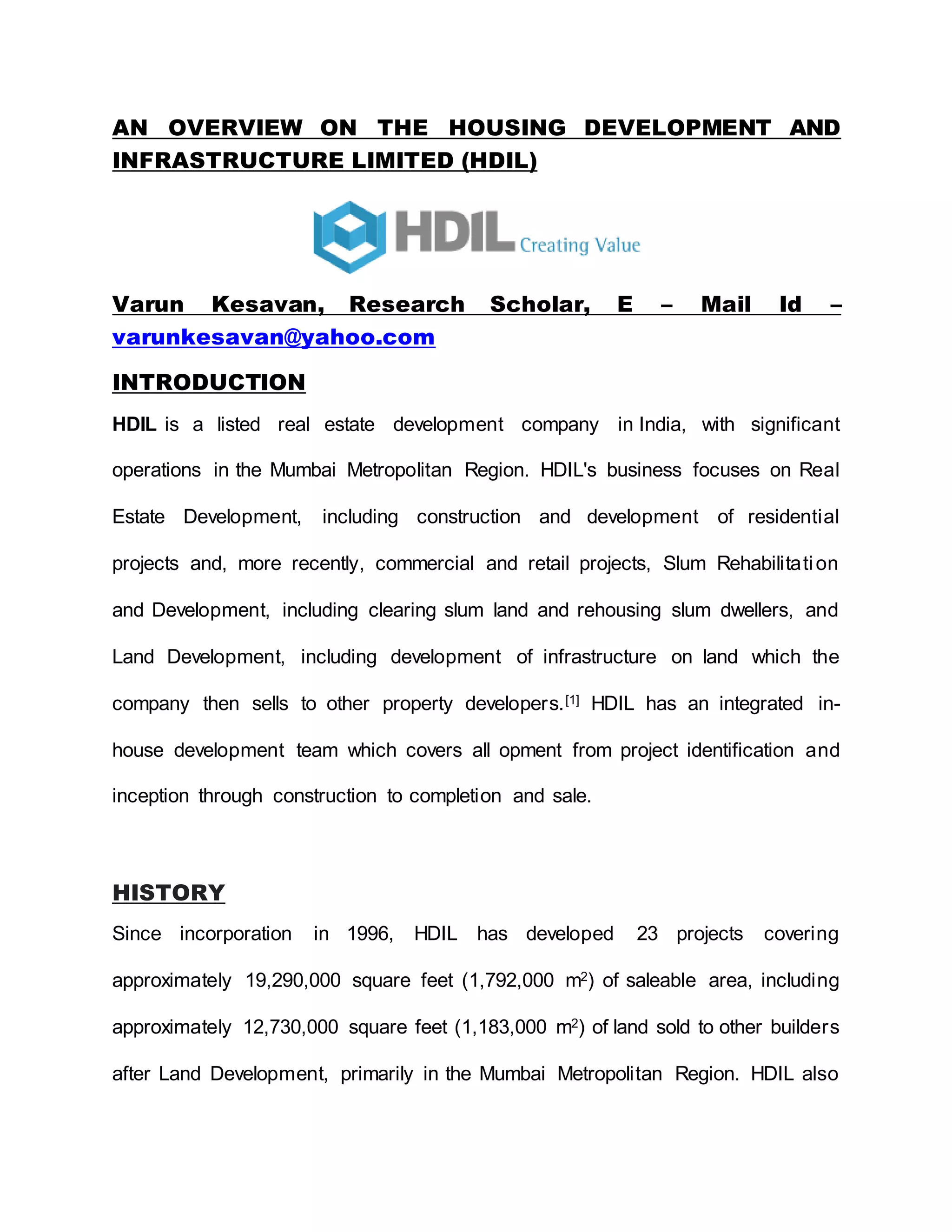 AN OVERVIEW ON THE HOUSING DEVELOPMENT AND INFRASTRUCTURE LIMITED (HDIL ...