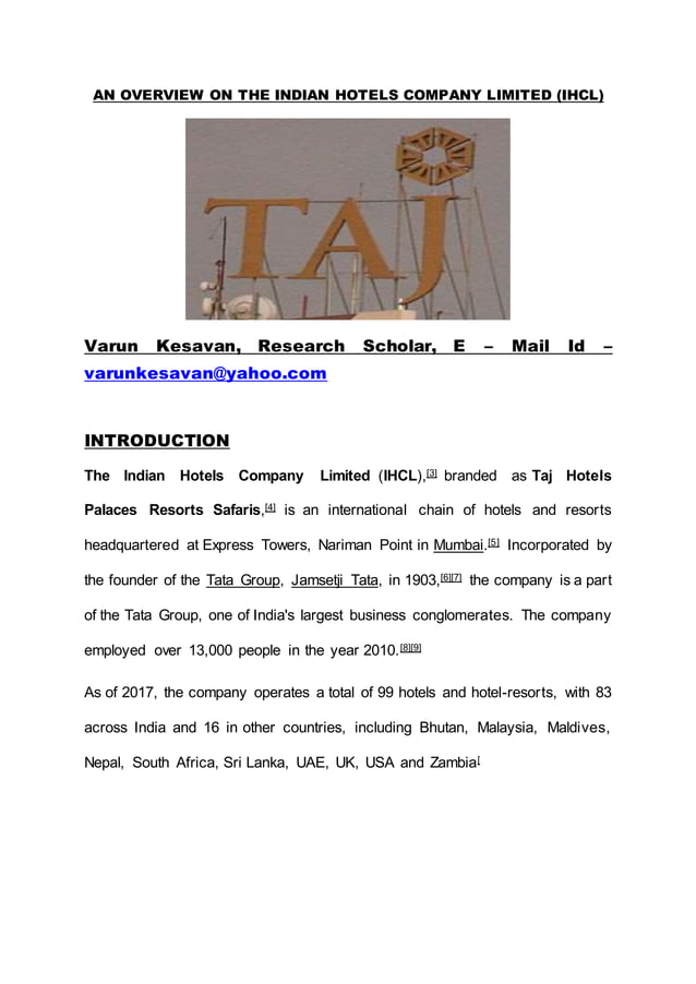 AN OVERVIEW ON THE INDIAN HOTELS COMPANY LIMITED (IHCL) | PDF
